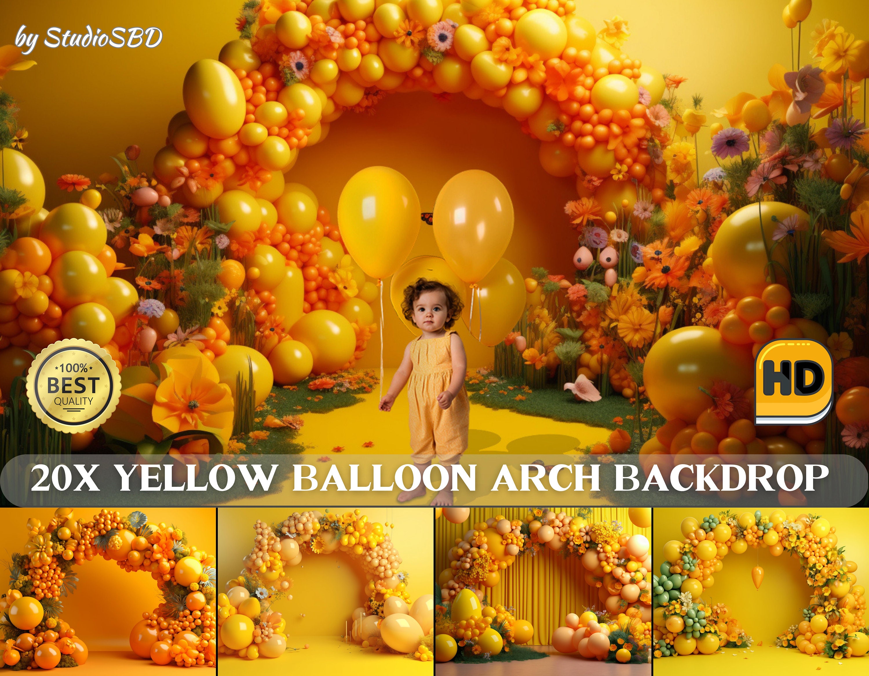 20xhd Yellow Balloon Arch Backdrop, Birthday Backdrops, Fine Art ...