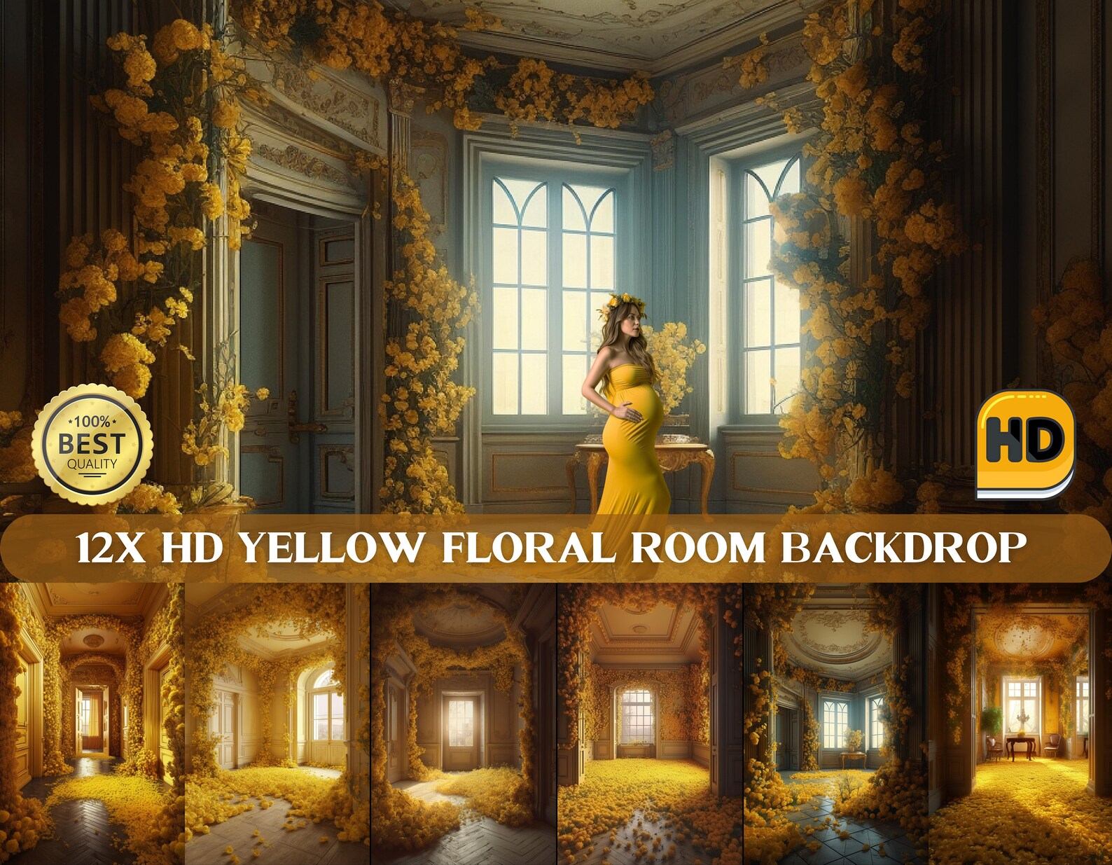 12x Yellow Floral Room Backdrop, Fine Art Textures, Floral Backdrops ...