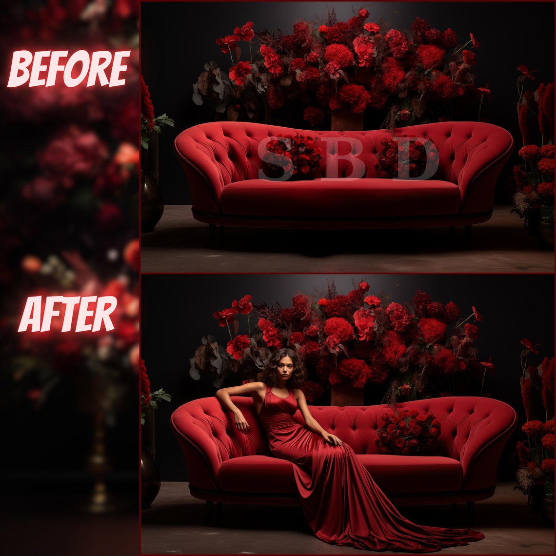 23x Red Sofa Floral Backdrop, Maternity Backdrop Overlays, Studio ...