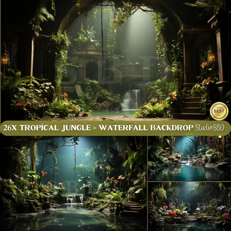 Tropical Jungle Waterfall Backdrop: Photography Photoshop Overlays (PNG ...