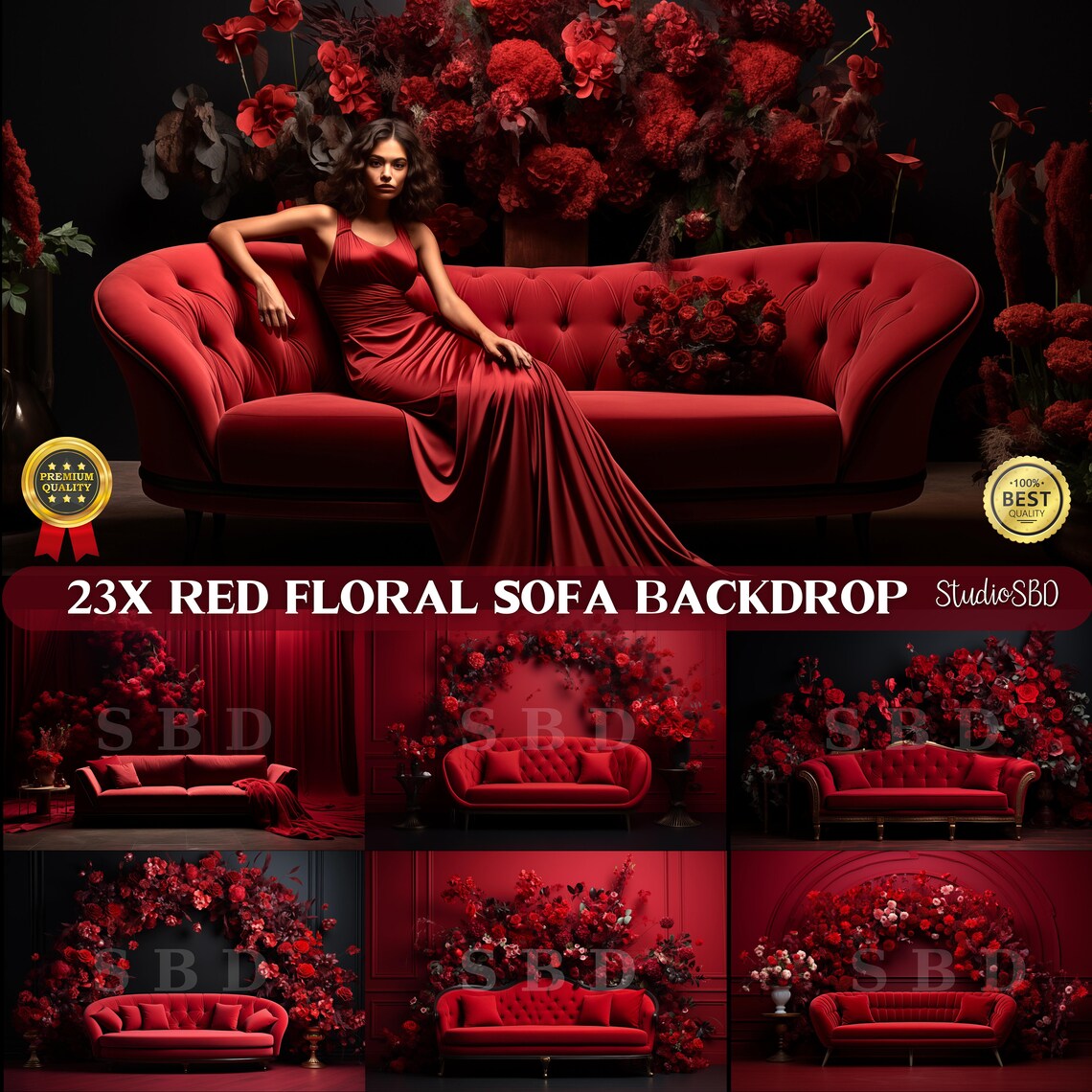 23x Red Sofa Floral Backdrop, Maternity Backdrop Overlays, Studio ...