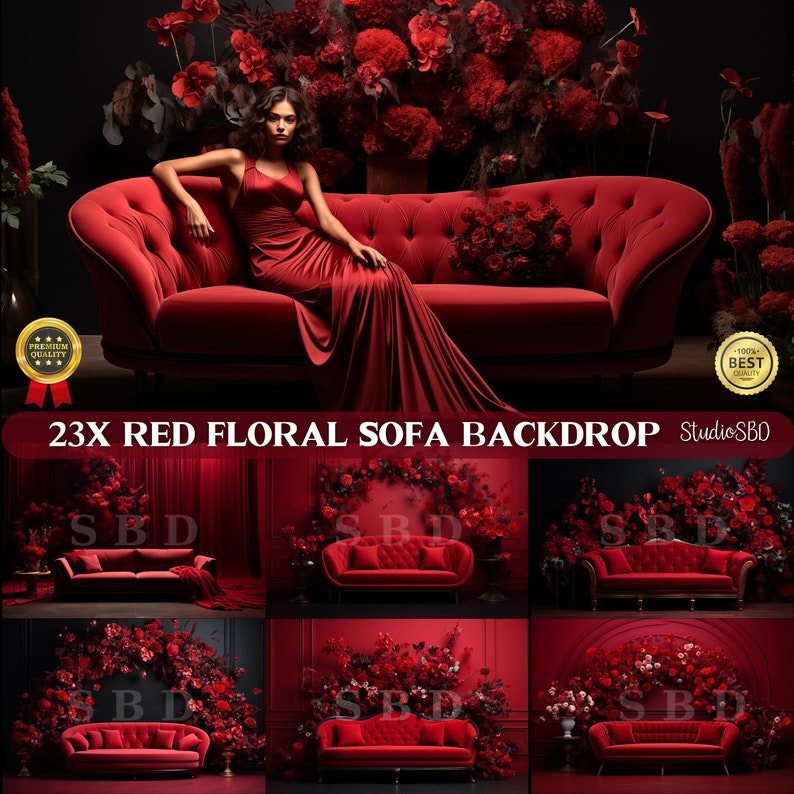 23x Red Sofa Floral Backdrop, Maternity Backdrop Overlays, Studio ...