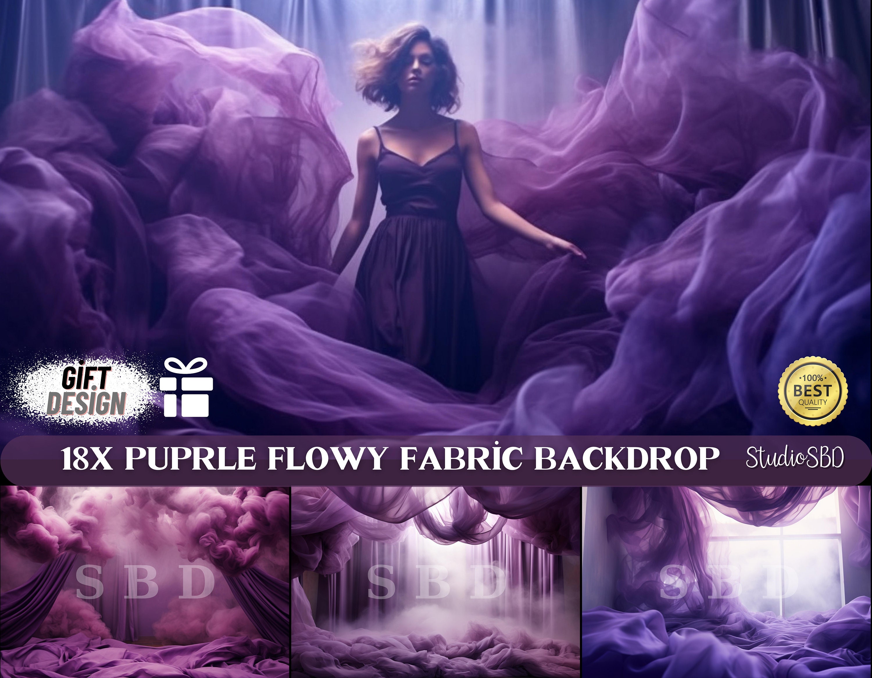 18 Puprle Flowy Fabric Backdrop Overlays, Silk Digital Backdrops ...