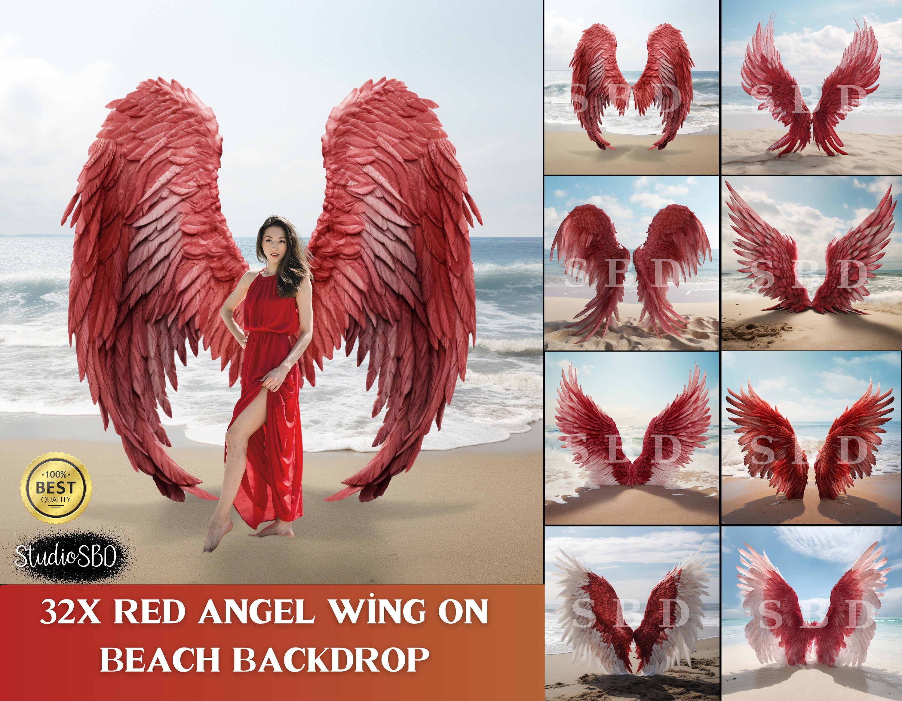 32x Red Angel Wing on Beach, Angel Wings Digital Backgrounds, Outdoor ...