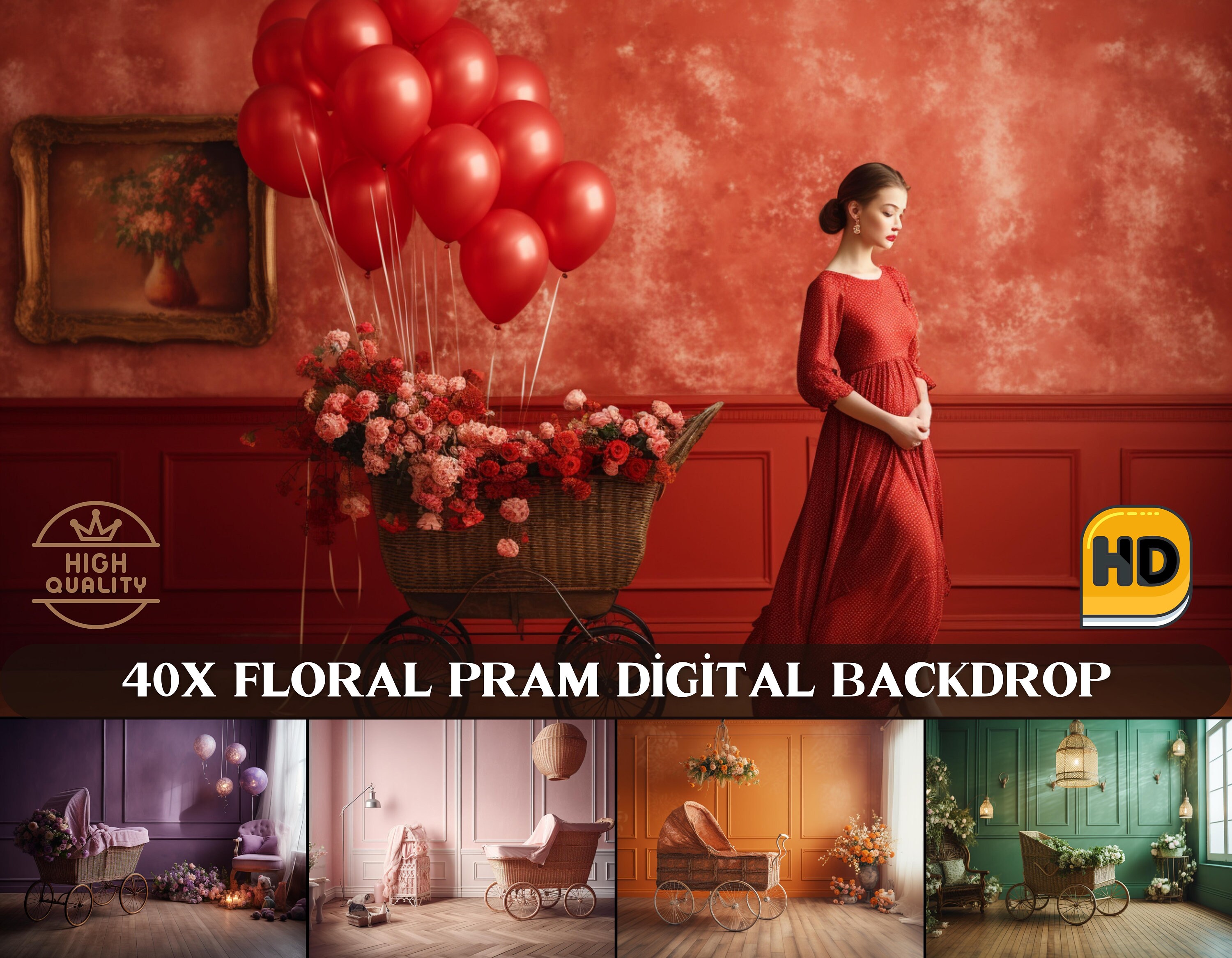 40x HD Floral Pram Digital Backdrops, Fine Art Textures, Floral ...