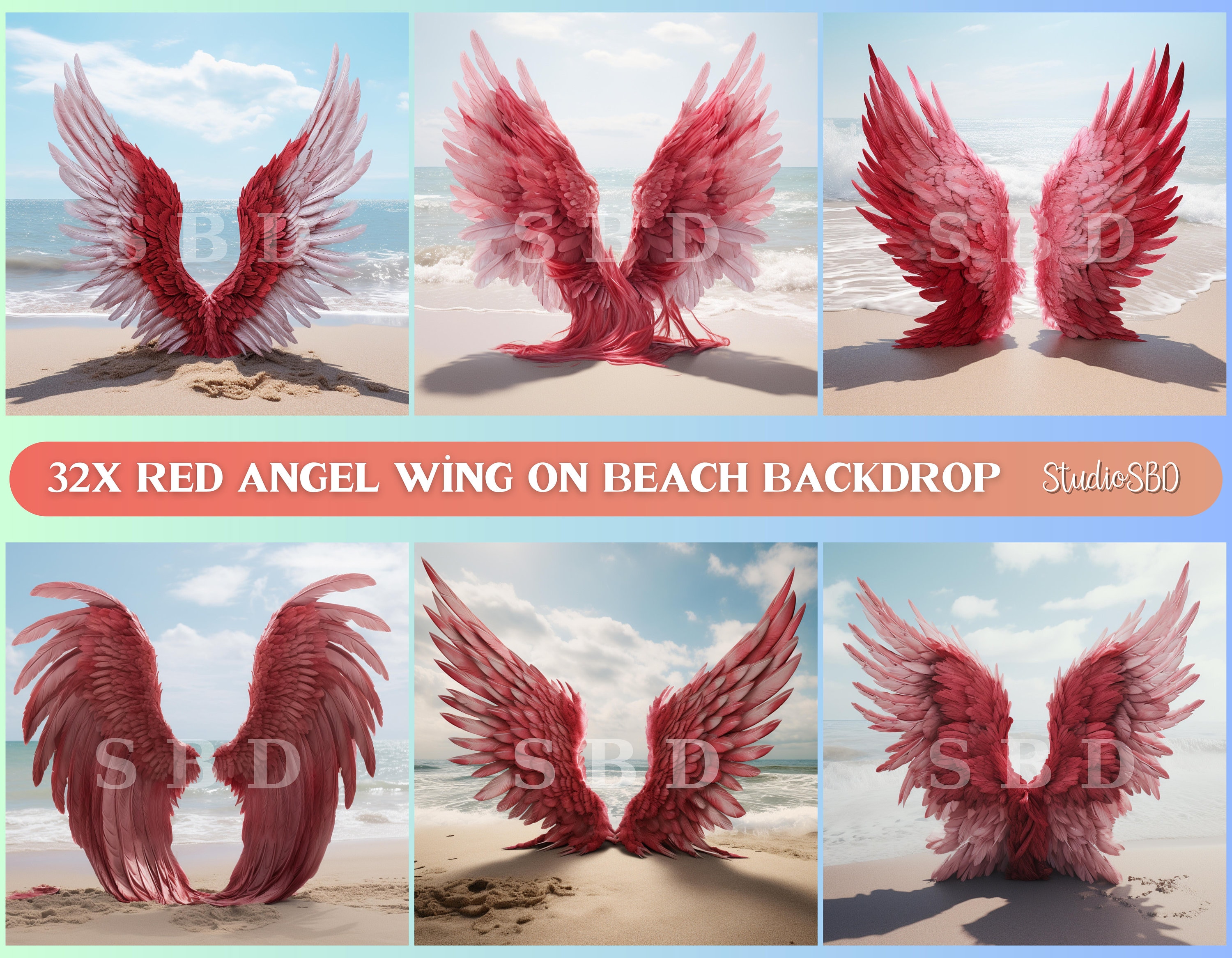 32x Red Angel Wing on Beach Angel Wings Digital Backgrounds - Etsy