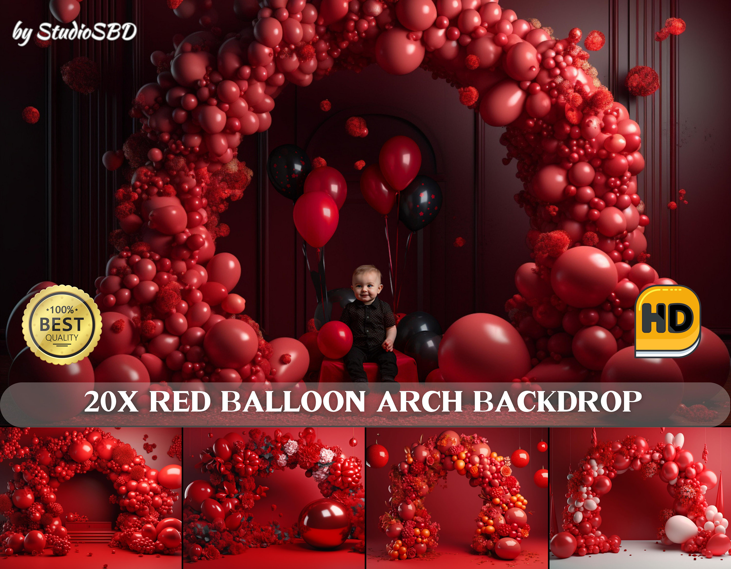 20x HD Red Balloon Arch Backdrop, Birthday Backdrops, Fine Art Digital ...