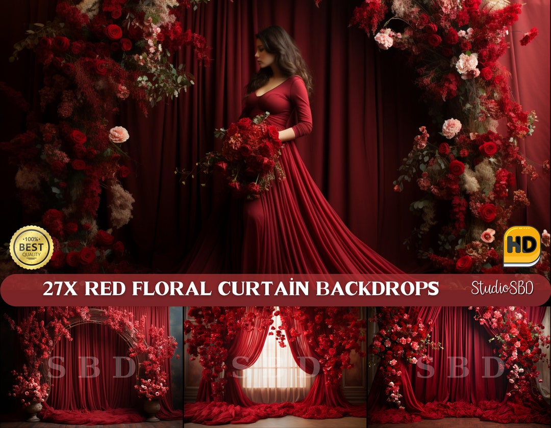 27x HD Red Floral Curtain Backdrops, Digital Backdrop, Portrait Photo ...