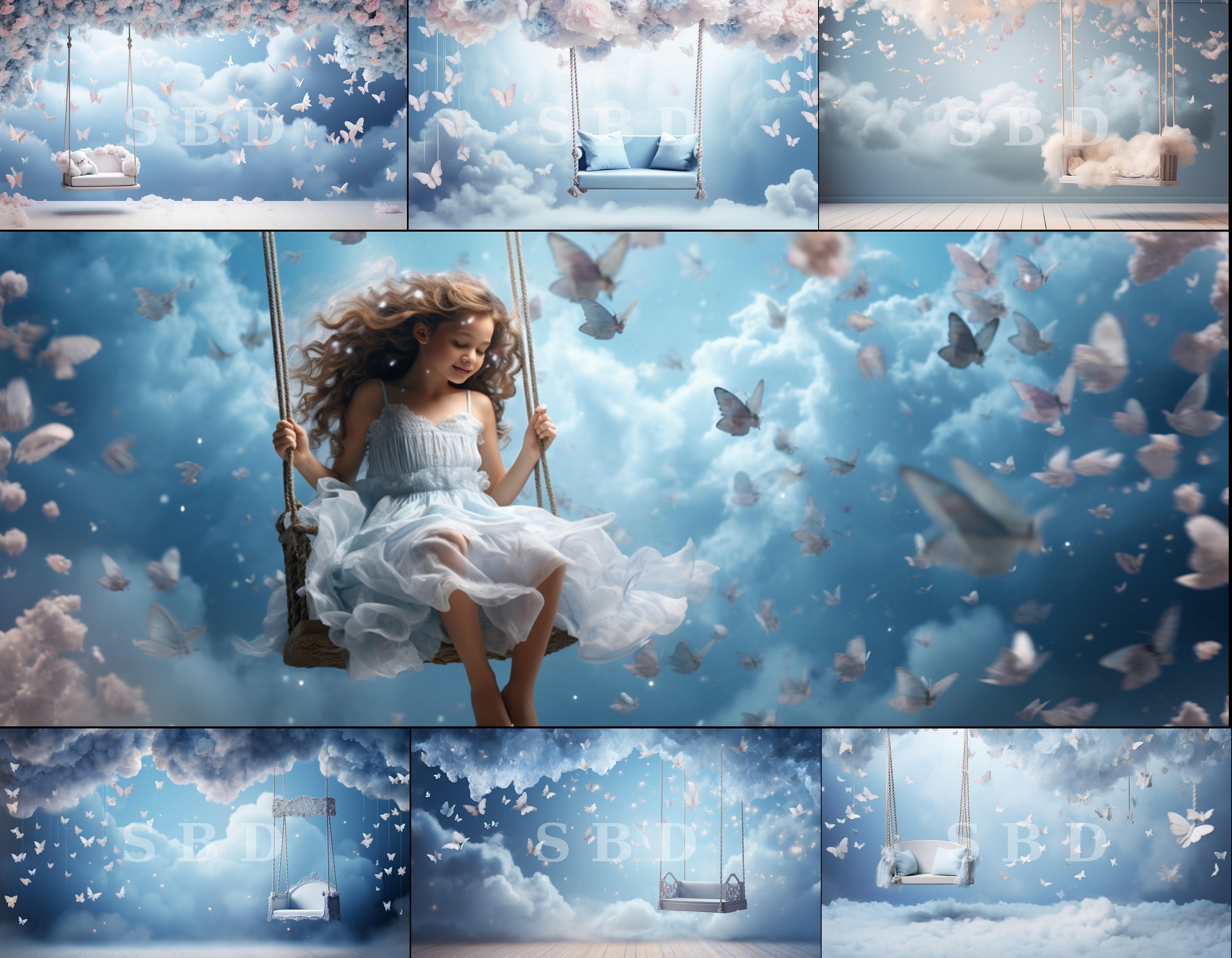 27x HD Blue Dreamy Swing Backdrop, Newborn Floral, Fine Art Textures ...