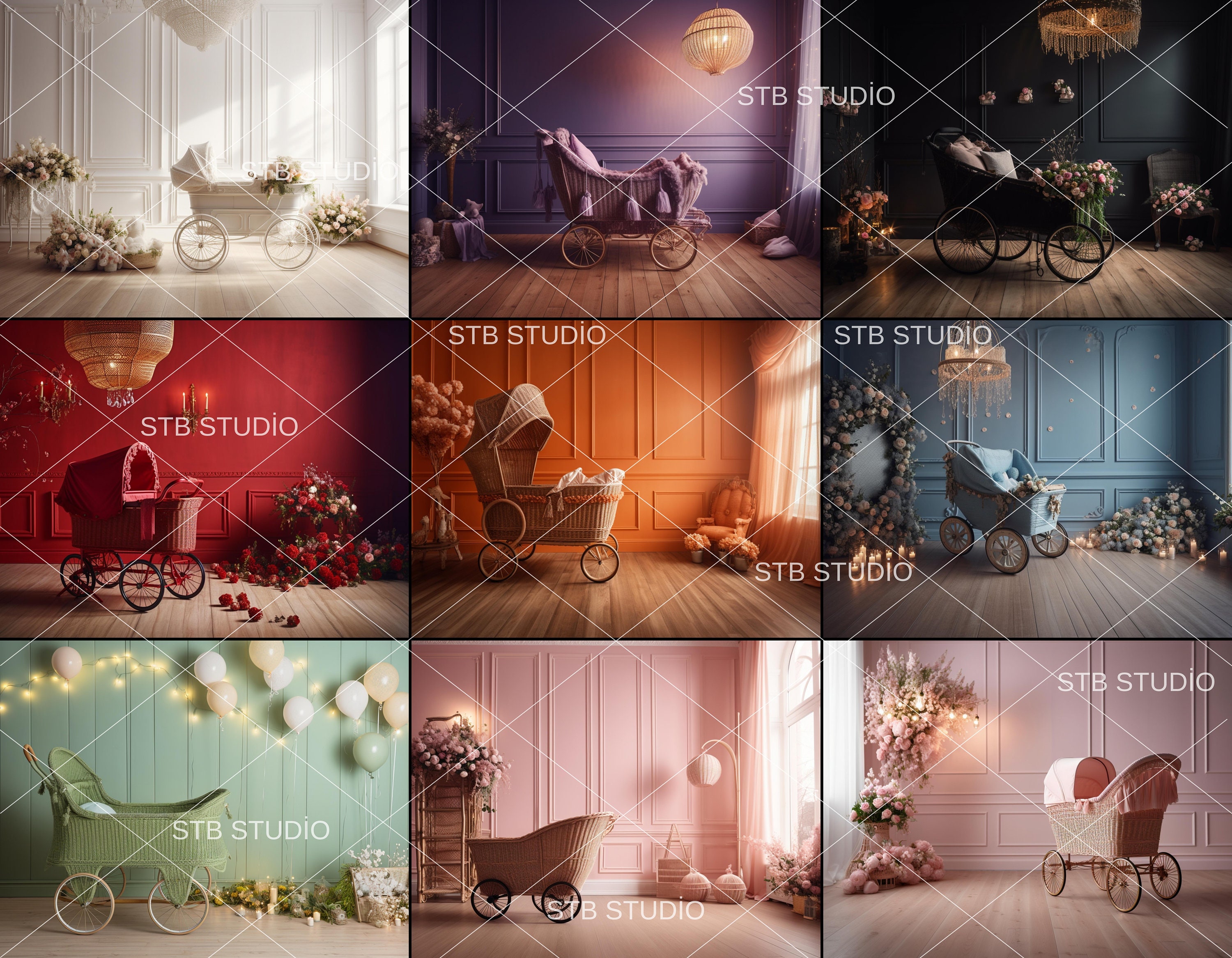 40x HD Floral Pram Digital Backdrops, Fine Art Textures, Floral ...