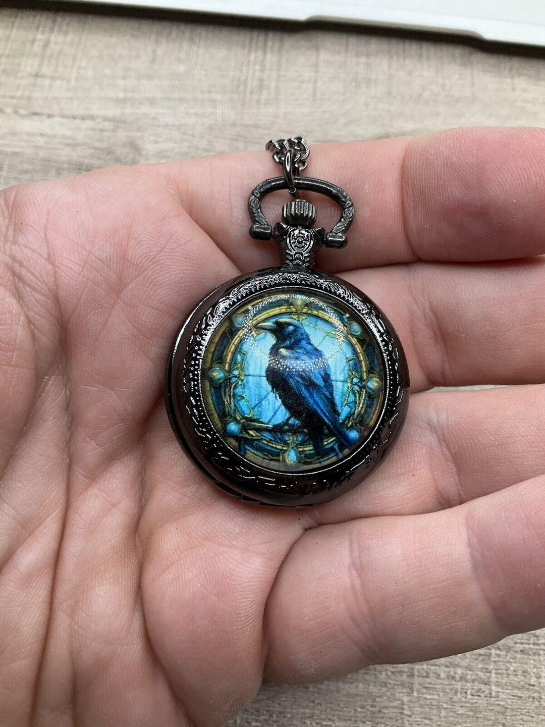 Black Chrome Crow Bird Pocket Watch Quartz Light Weight Necklace Mini ...