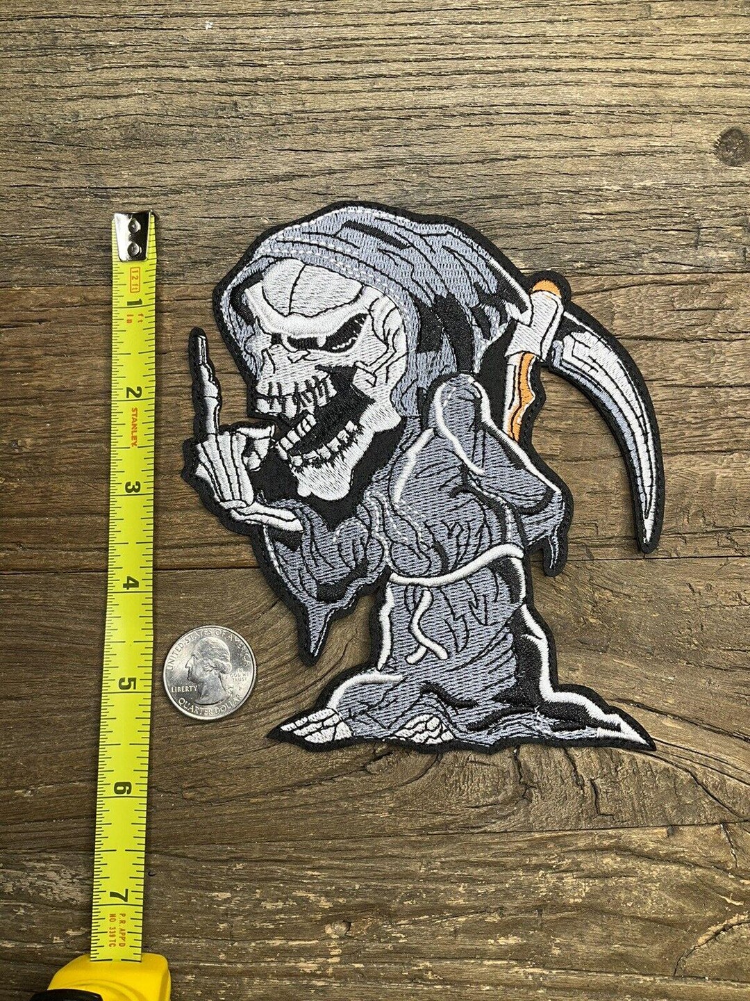 Embroidered Patch Iron Grim Reaper Middle Finger Beating Death Extra ...