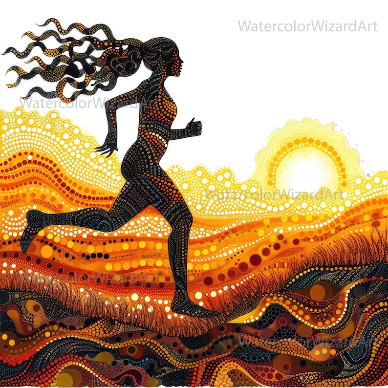Watercolour Black Girl Running in the Sunset Clipart, Woman Sports ...