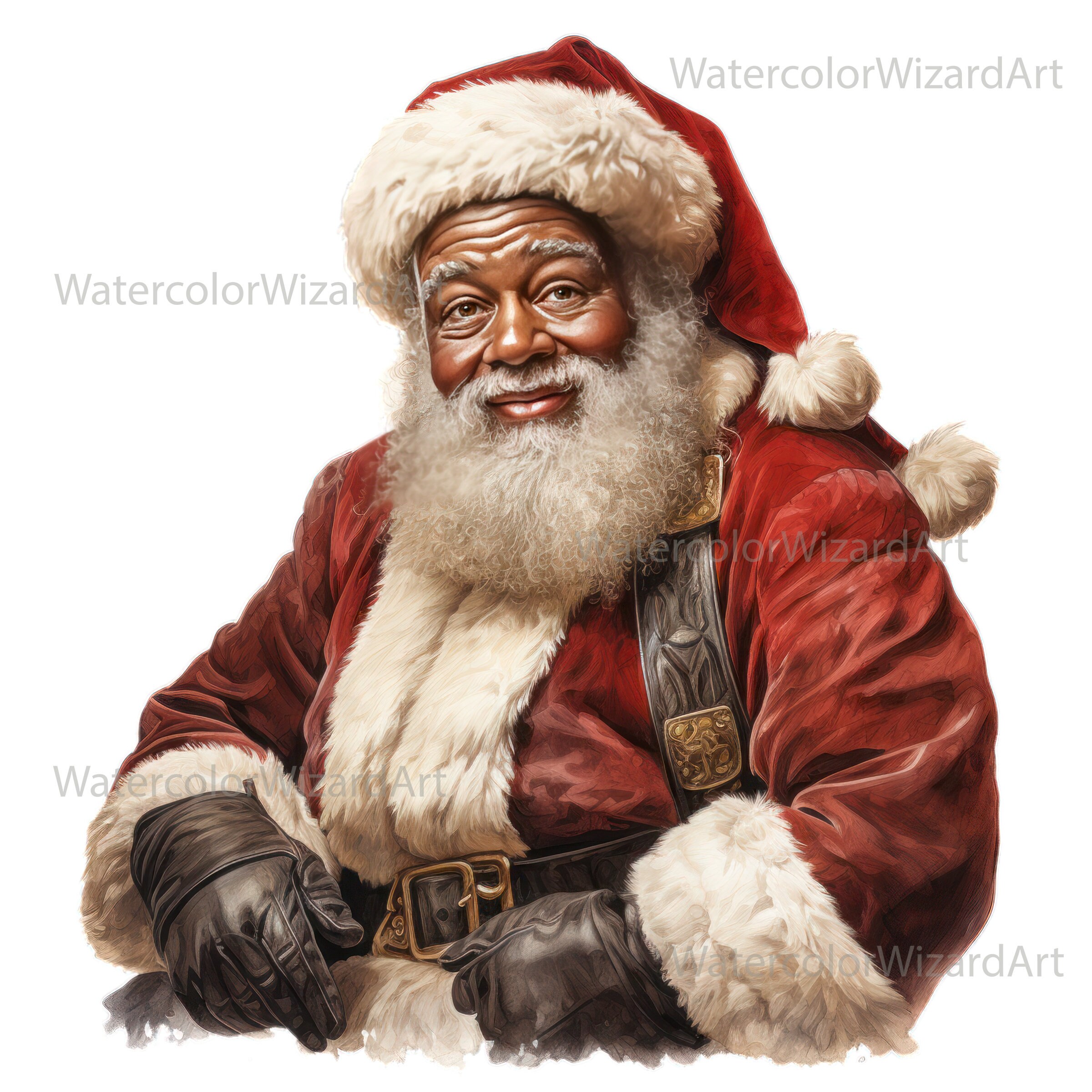 Watercolour Vintage Black Santa Claus Clipart, African American Santa ...