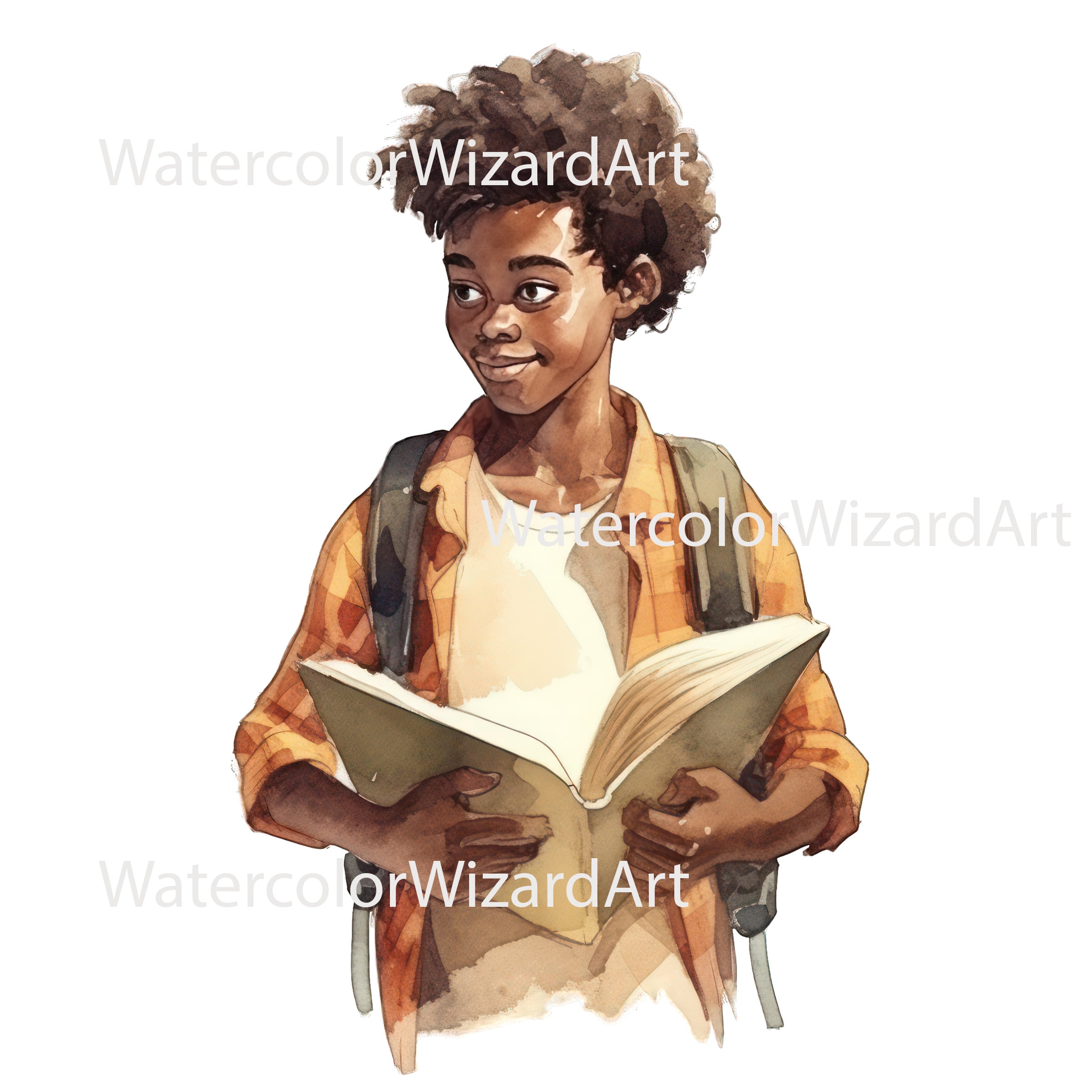 Watercolour Bookworm Black Boy Clipart,boy Books Clipart, Book Lover ...