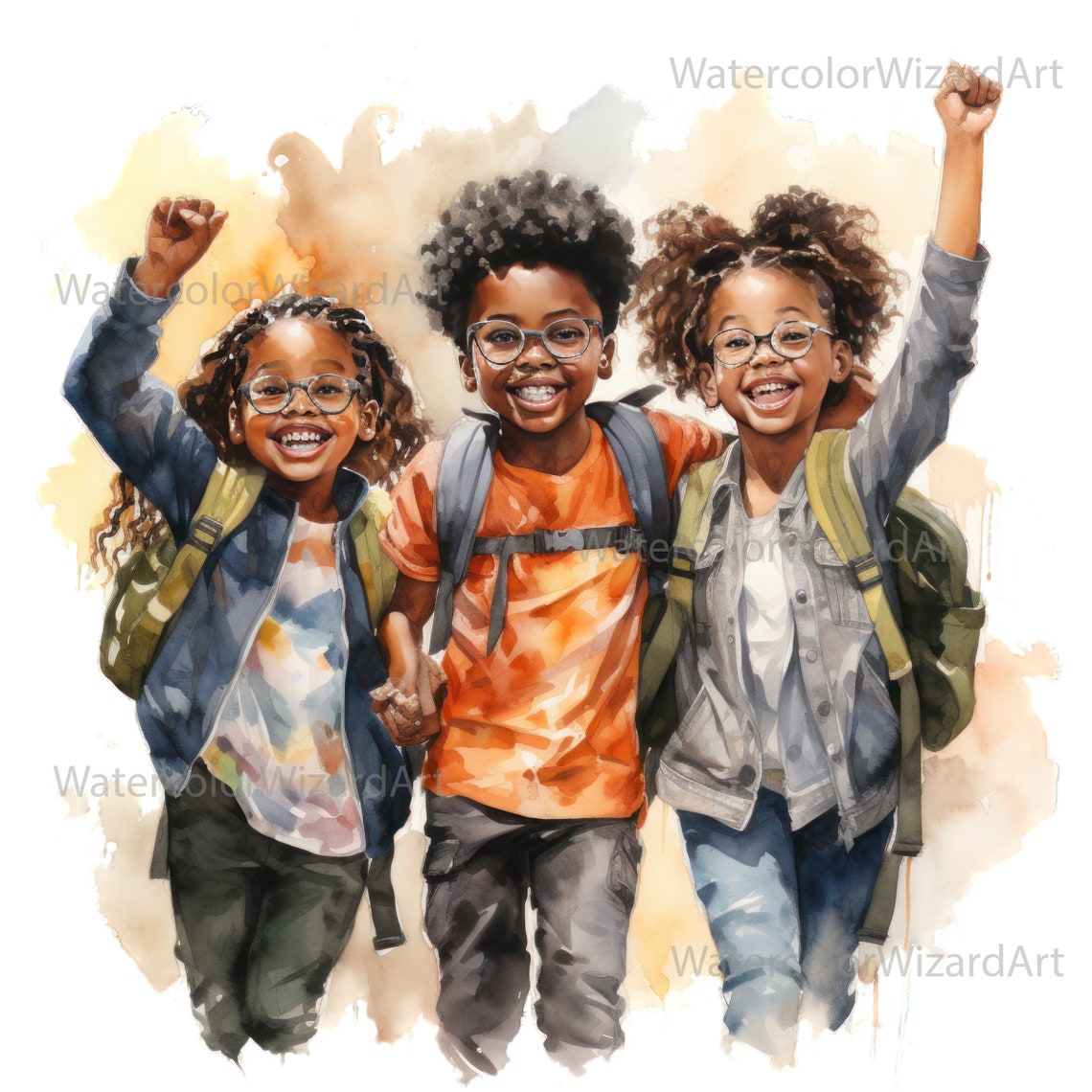 Watercolour African American Kids Clipart Kids Back to School - Etsy