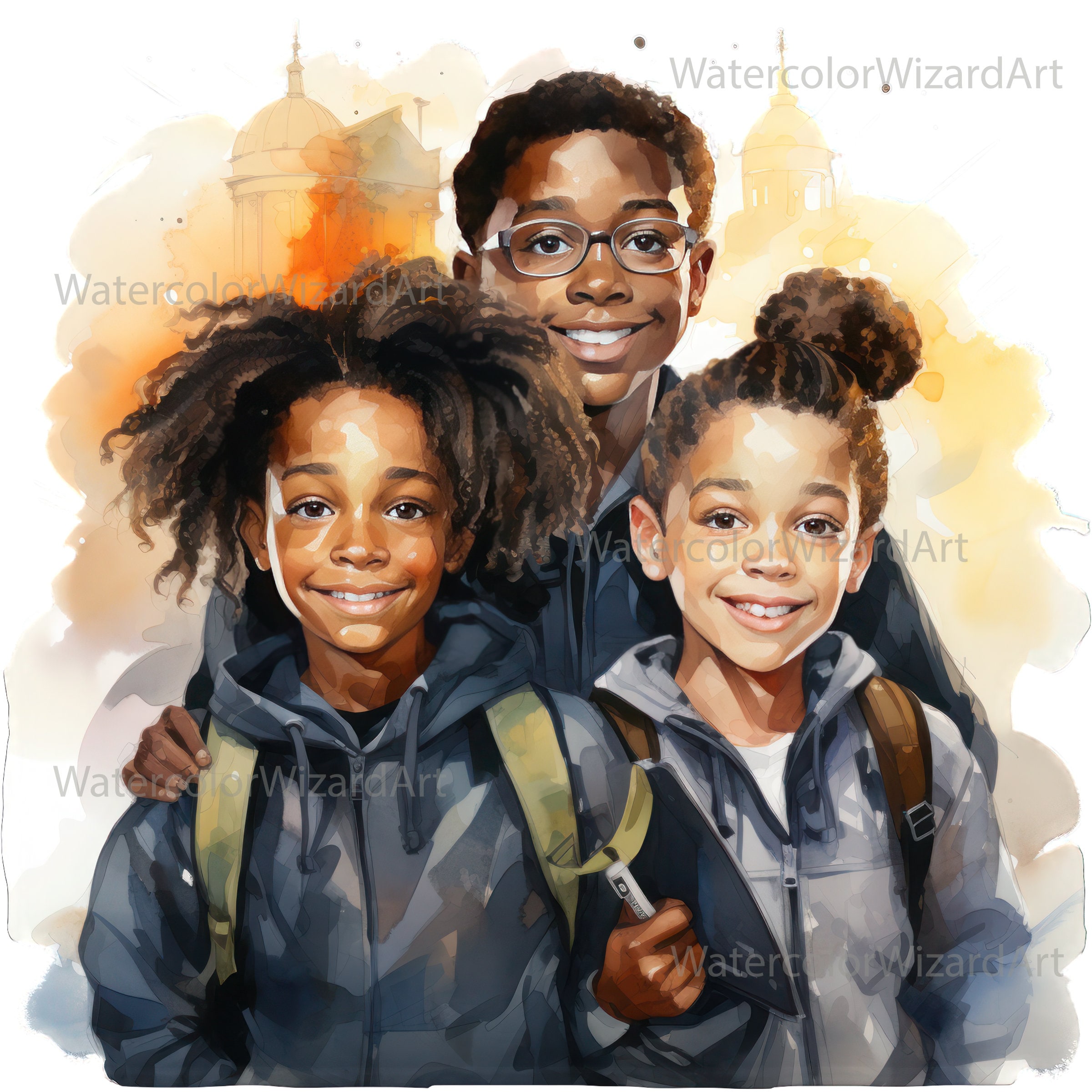 Watercolour African American School Kids Clipart, Black Kids Back to ...