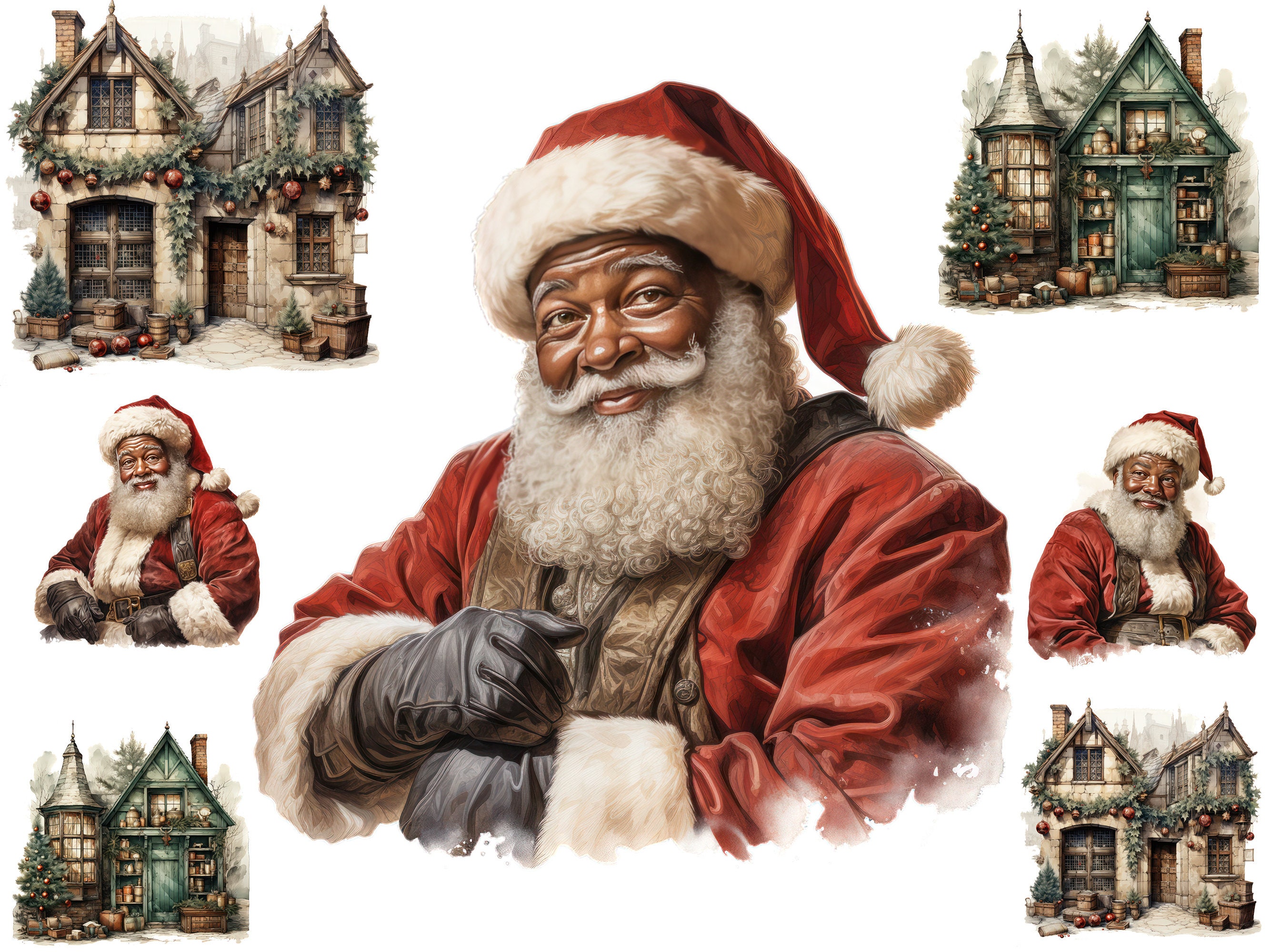 Watercolour Vintage Black Santa Claus Clipart, African American Santa ...