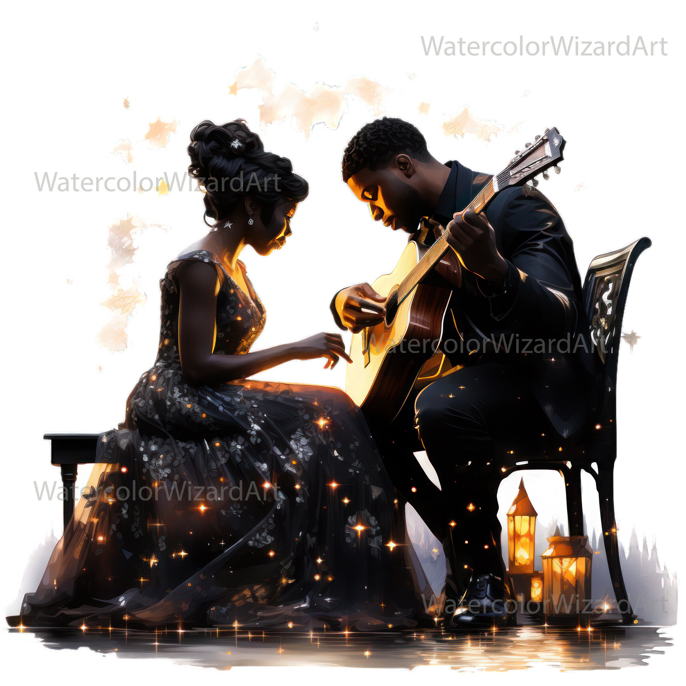 Watercolour Engaging Clipart, Serenade Under the Stars, Love Png, Young ...