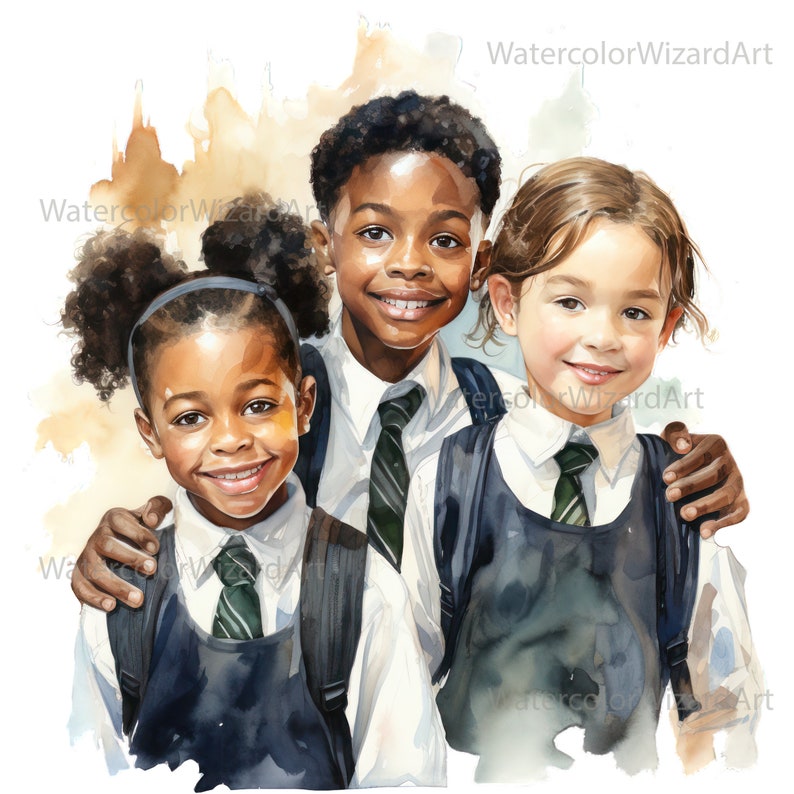 Watercolour African American School Kids Clipart, Black Kids Back to ...