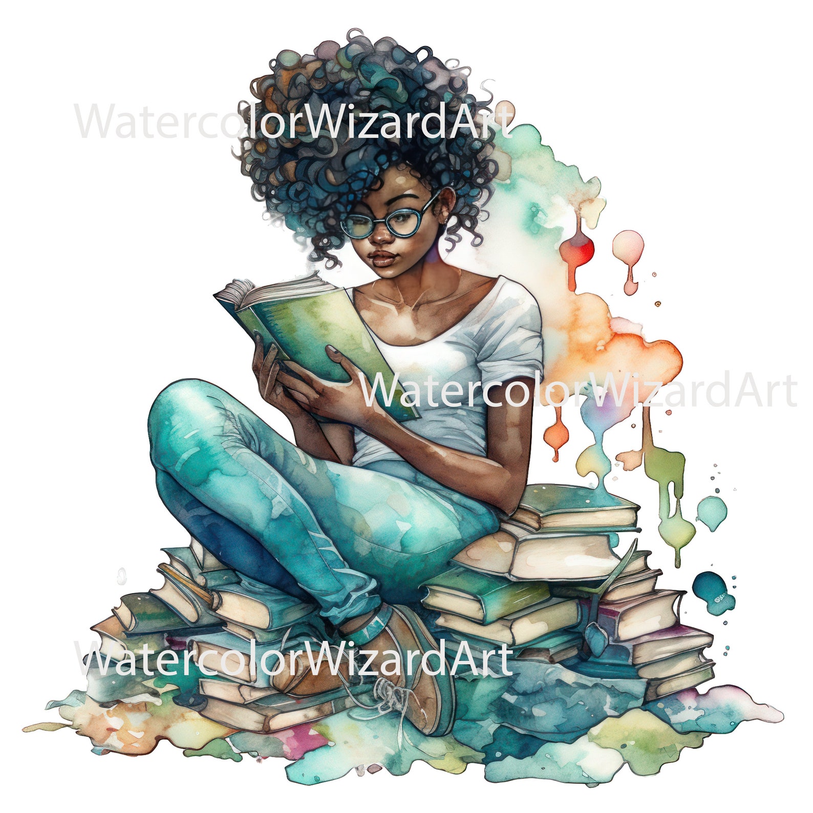 Watercolour Black Girl Reading Clipart, Girl Studying Clipart, Book ...