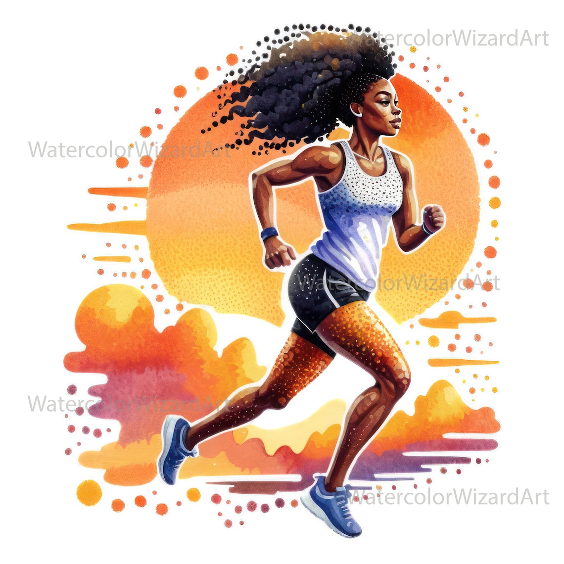 Watercolour Black Girl Running in the Sunset Clipart, Woman Sports ...