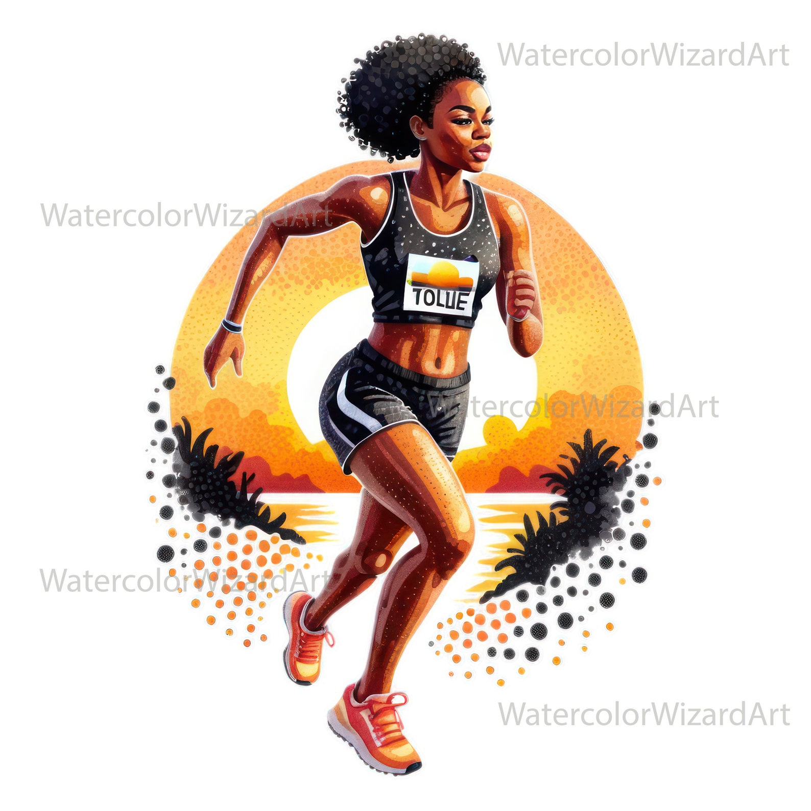 Watercolour Black Girl Running in the Sunset Clipart, Woman Sports ...
