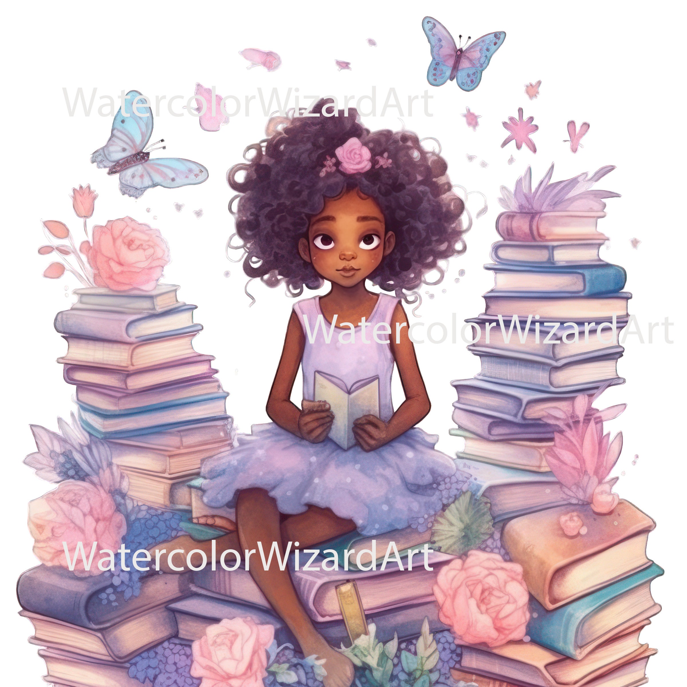 Watercolor Bookworm Black Girl Clipart, Girl Books Clipart, Whimsical ...