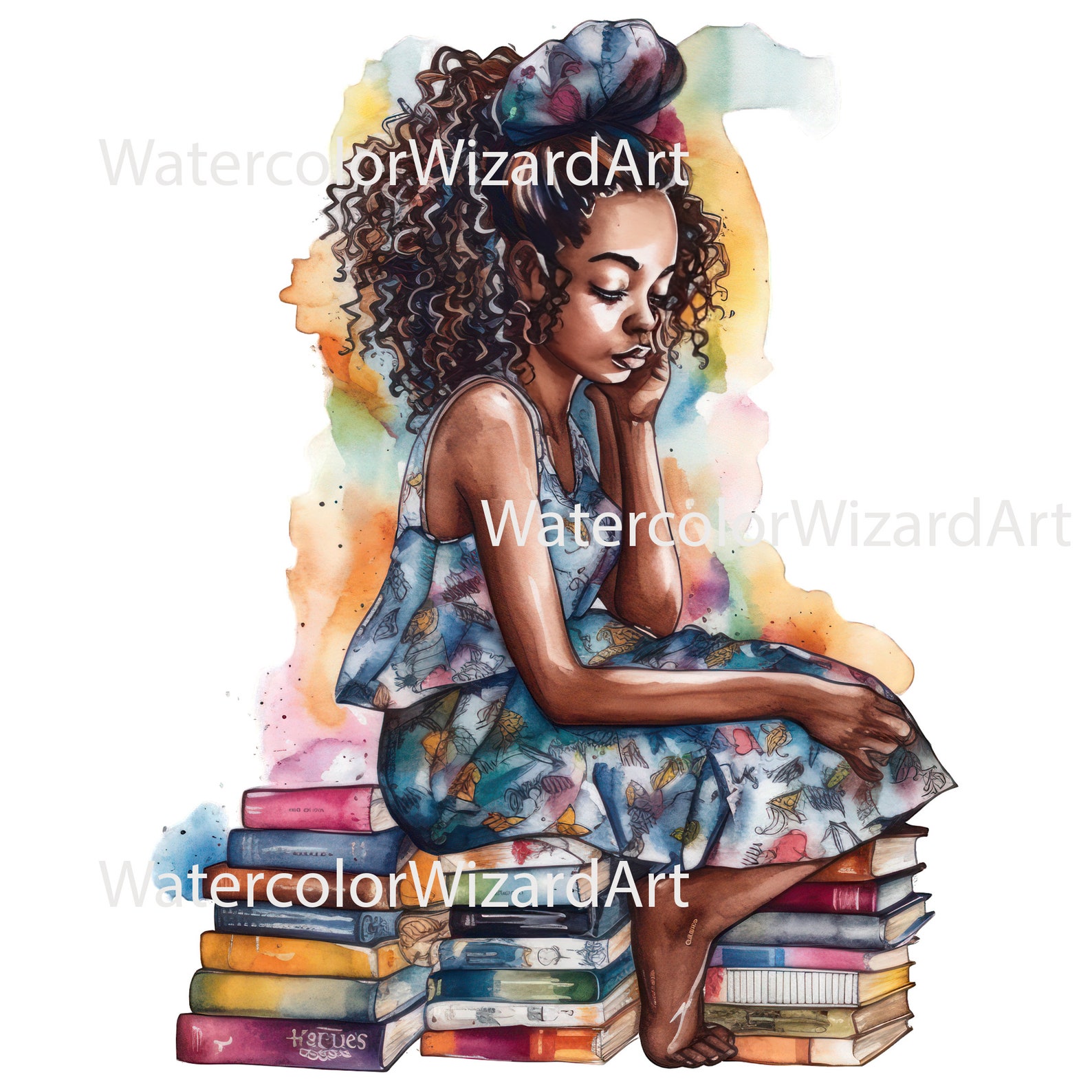 Watercolor Bookworm Black Girl Clipart,girl Books Clipart, Book Lover ...