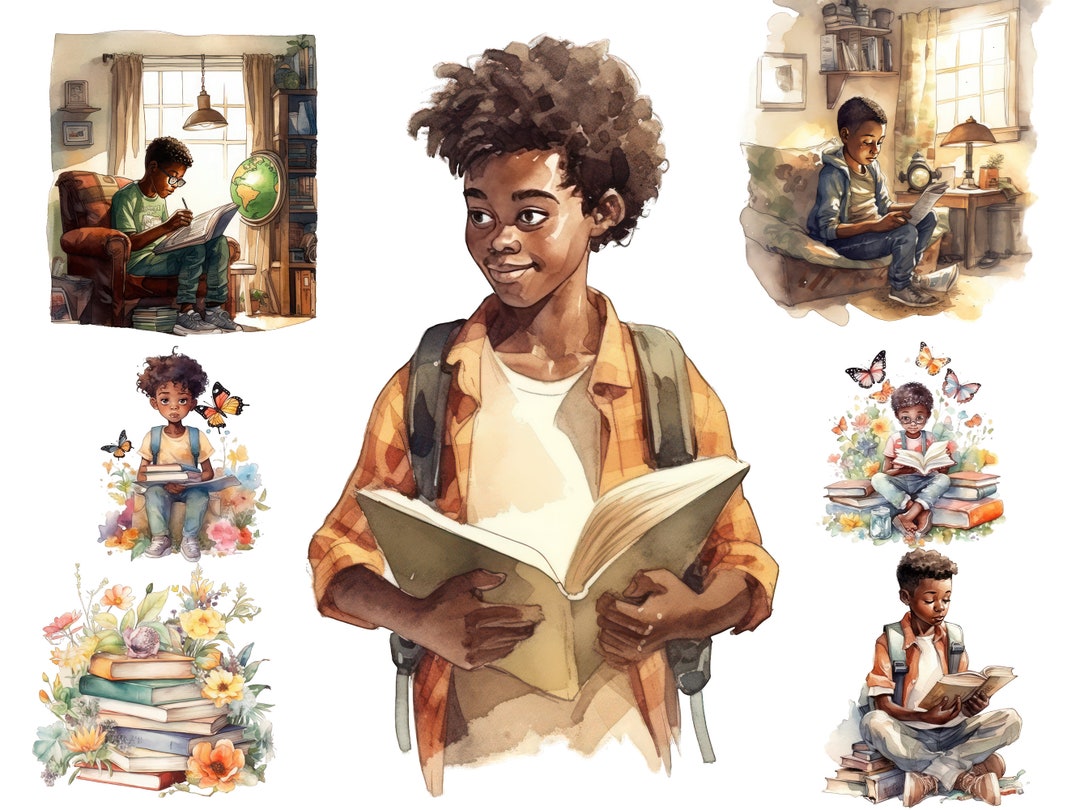 Watercolour Bookworm Black Boy Clipart,boy Books Clipart, Book Lover ...