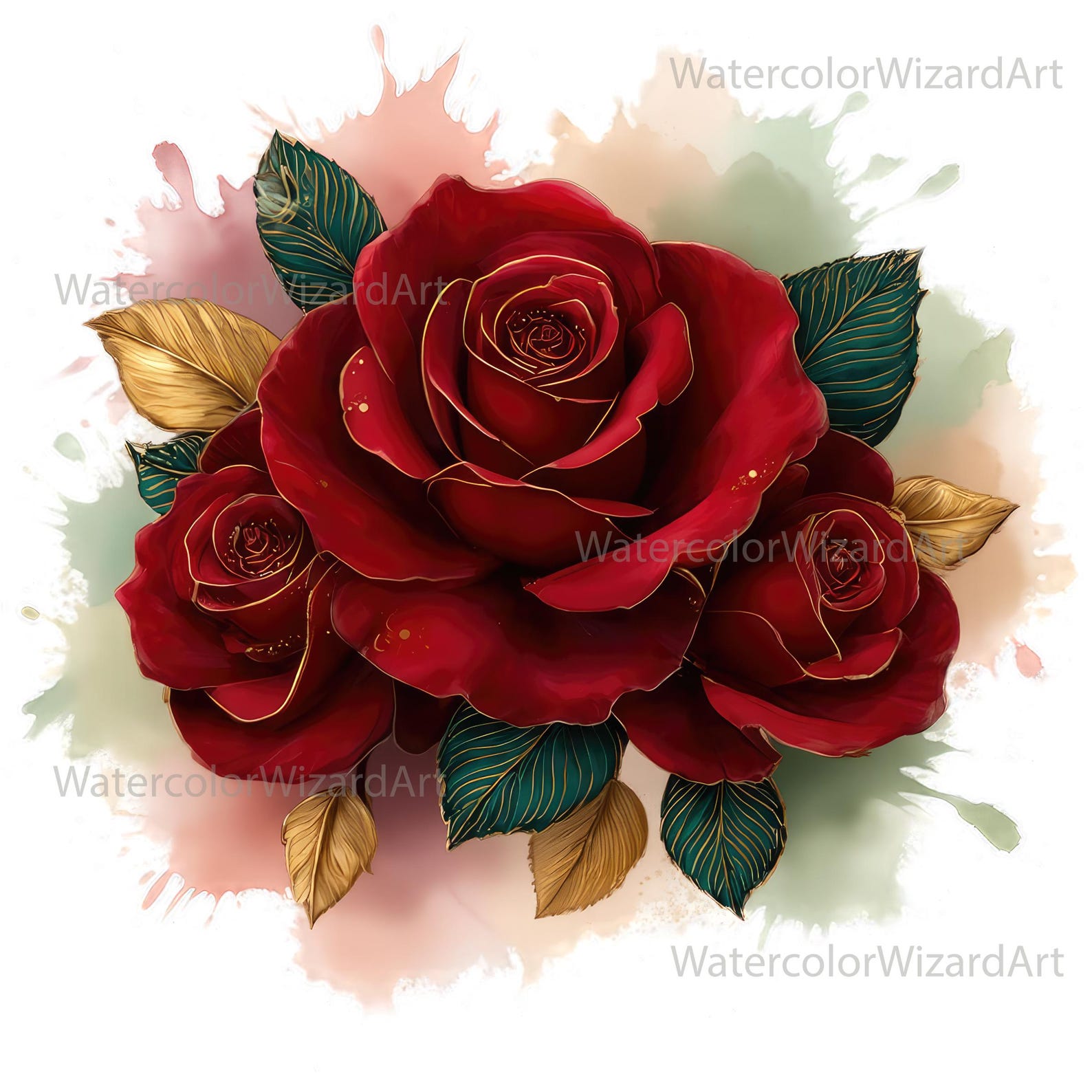 Watercolor Printable Red Gold Roses Clipart, Fine Line Art (PNG) - Etsy