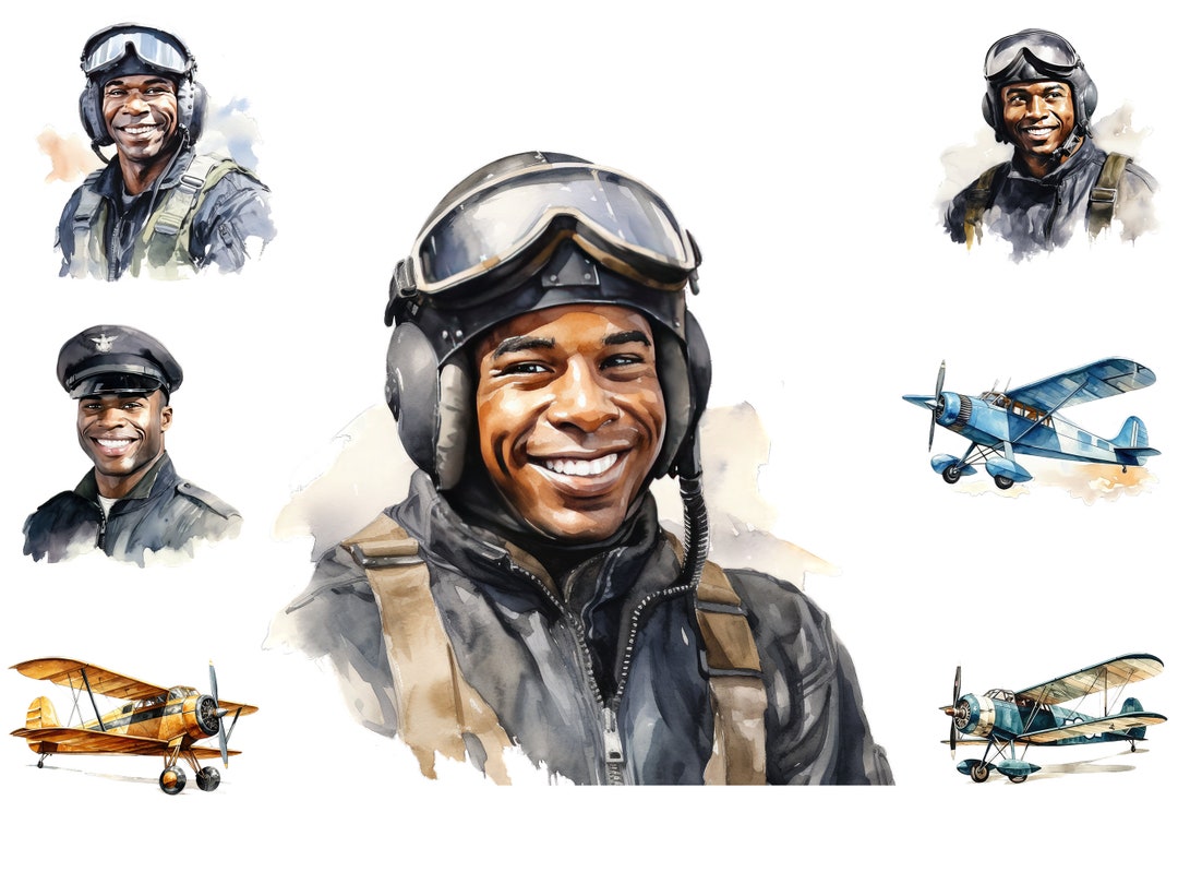 Watercolour African American Vintage Pilot Clipart, Black Man Aviator ...