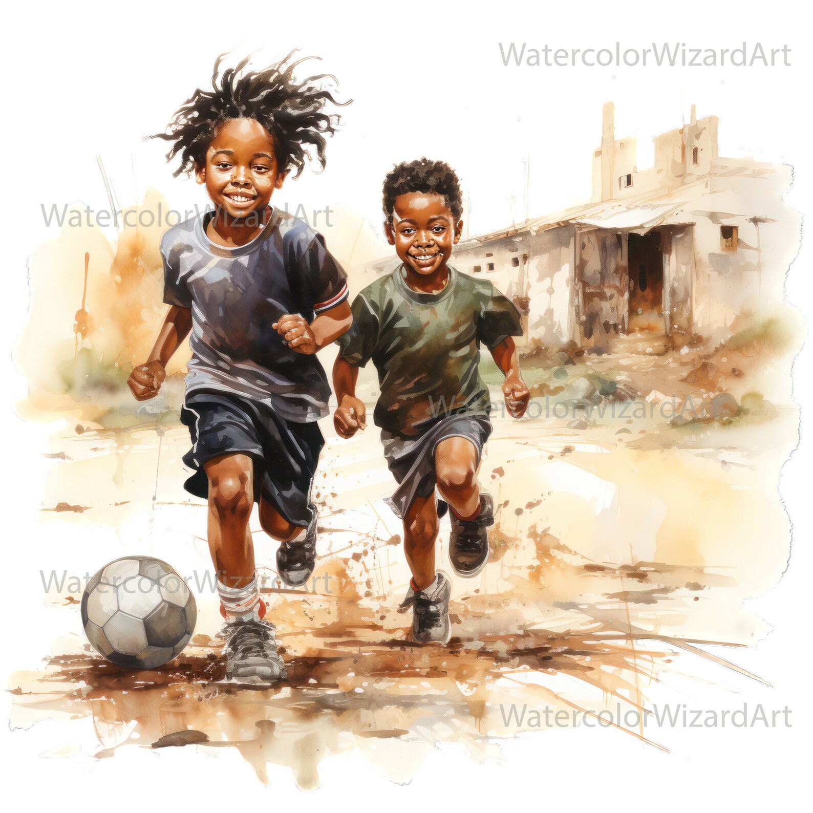 Watercolour Happy Black Kids Playing Soccer Clipart, Kids Playing ...