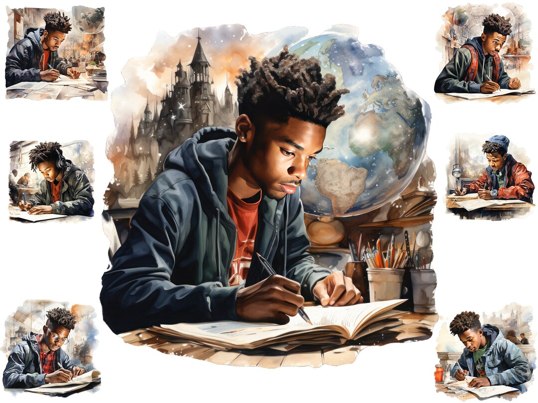 Watercolour Black Boy Student Clipart, African American Man Writer Png ...