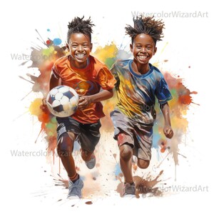 Watercolour Happy Black Kids Playing Soccer Clipart, Kids Playing ...