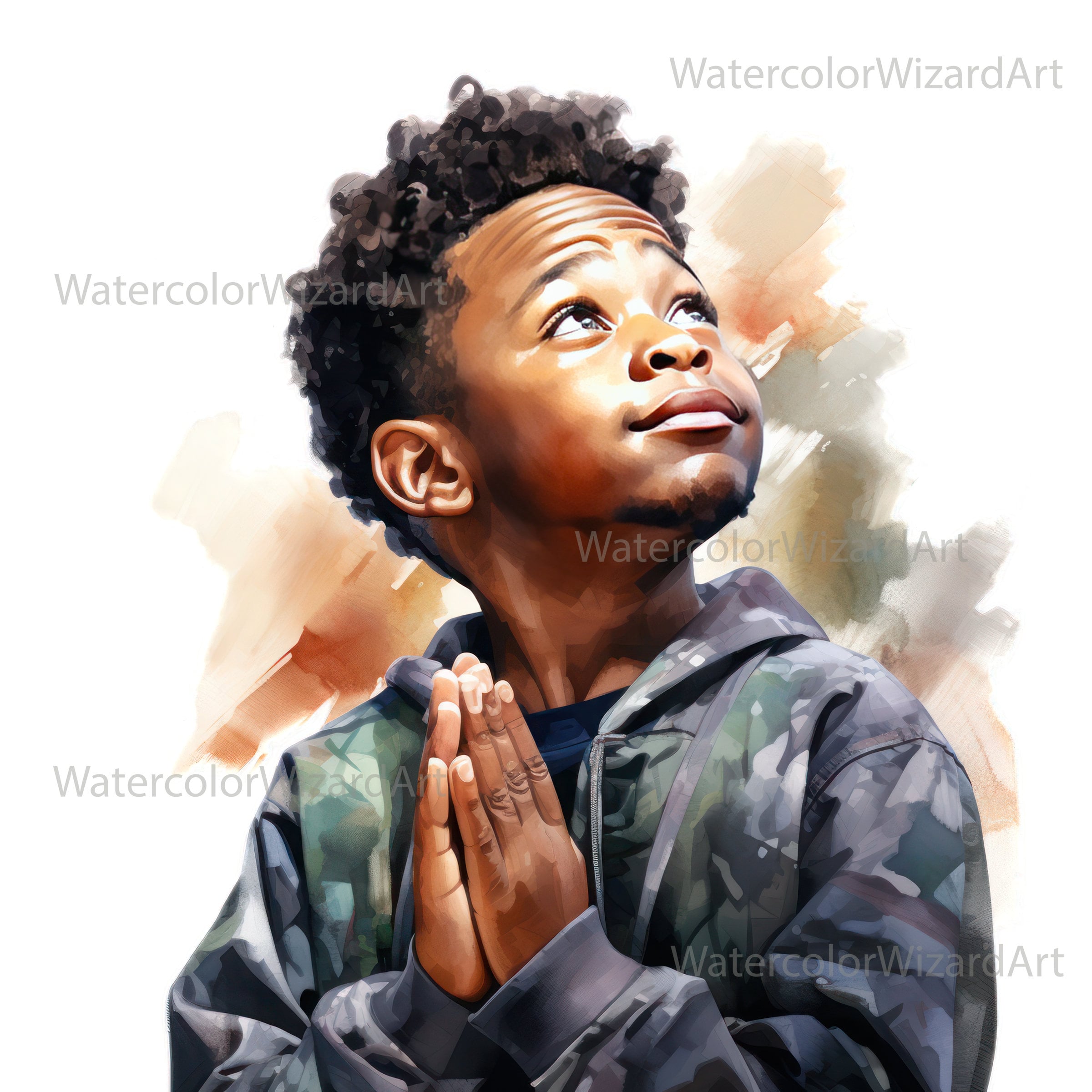 Watercolour Black Boy Prayer Clipart, African American Boy Praying Png ...