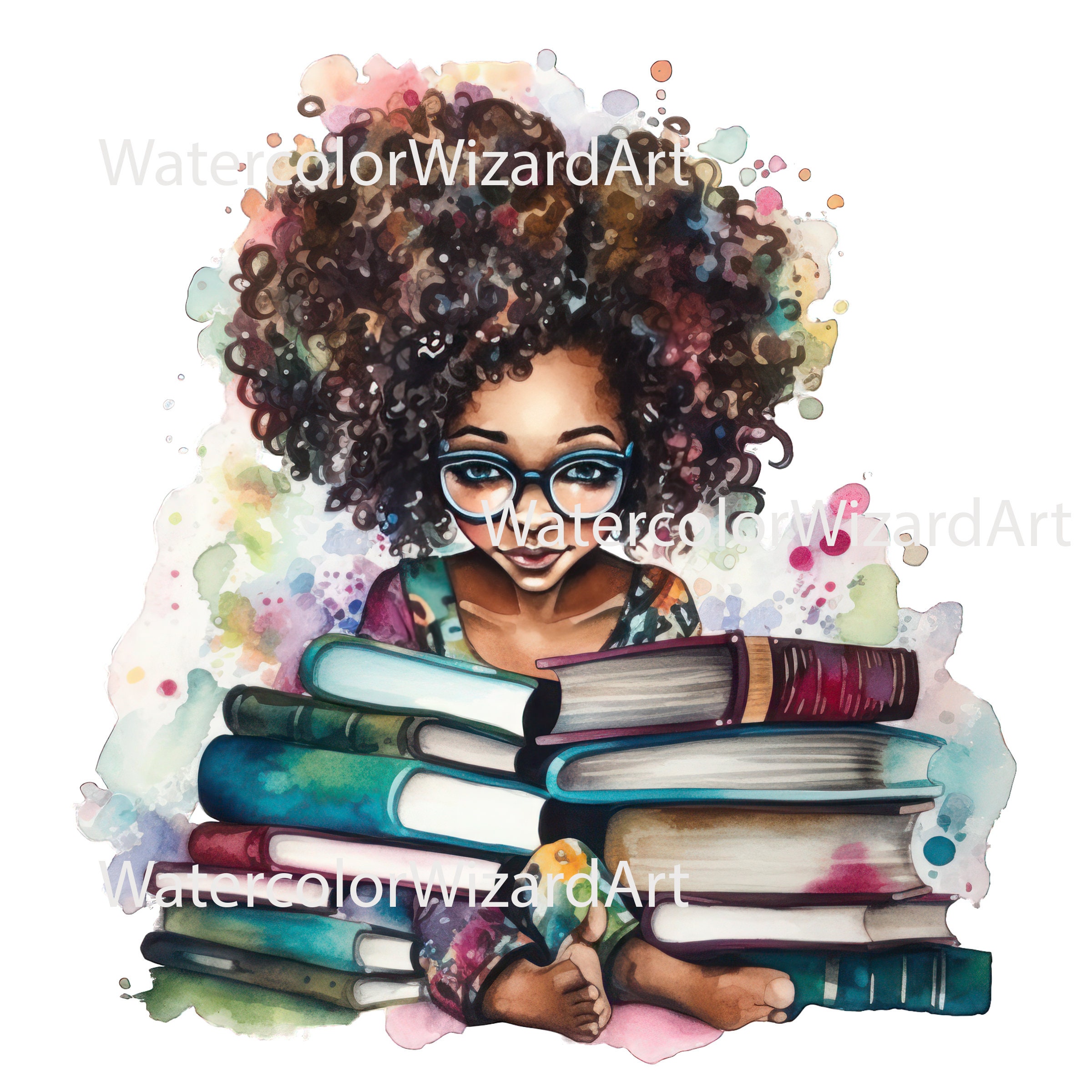 Watercolour Black Girl Reading Clipart, Girl Studying Clipart, Book ...