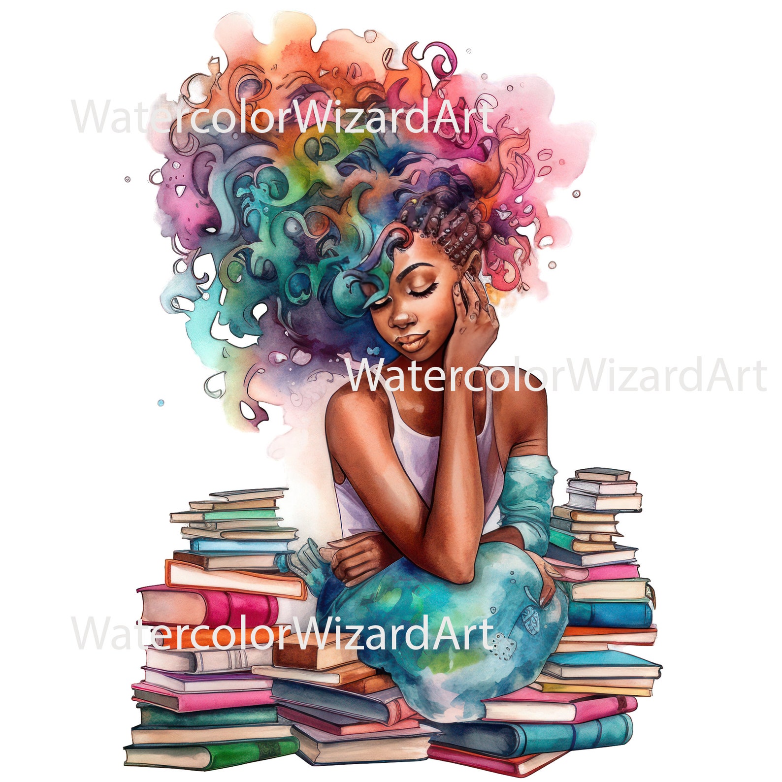 Watercolor Bookworm Black Girl Clipart,girl Books Clipart, Book Lover ...