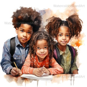 Watercolour African American School Kids Clipart, Black Kids Back to ...