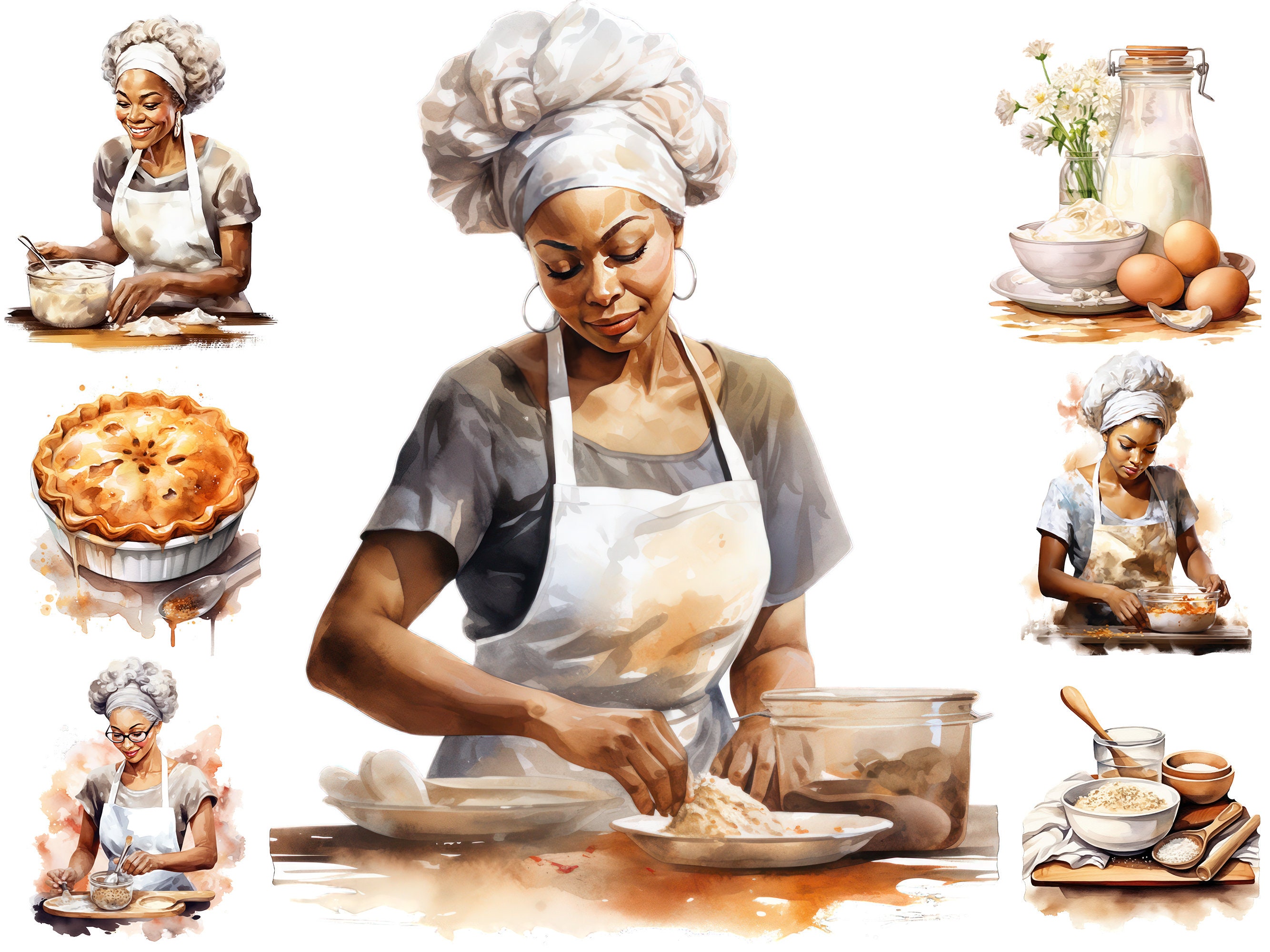 Watercolour Black Woman Pastry Chef Clipart, Afro Woman Bakery Chef Png ...