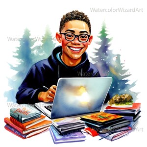 Watercolour Black Boy Student Clipart, African American Boy Studying ...