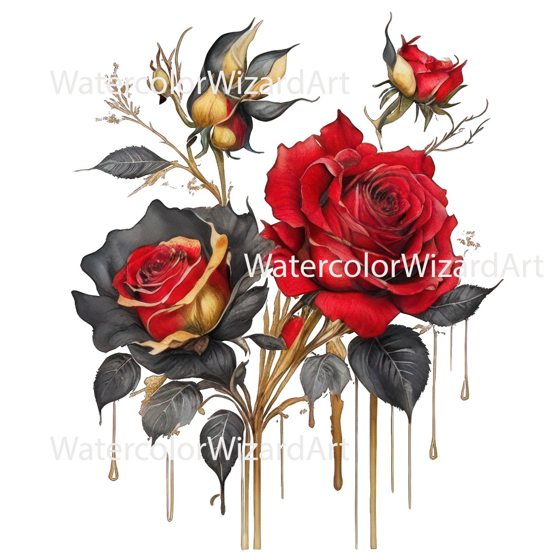 Watercolour Red Roses Clipart Cute Red Roses Png Flowers - Etsy