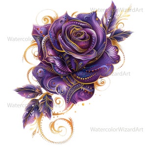 Watercolour Purple Gold Roses Clipart, Printable Purple Roses Png ...