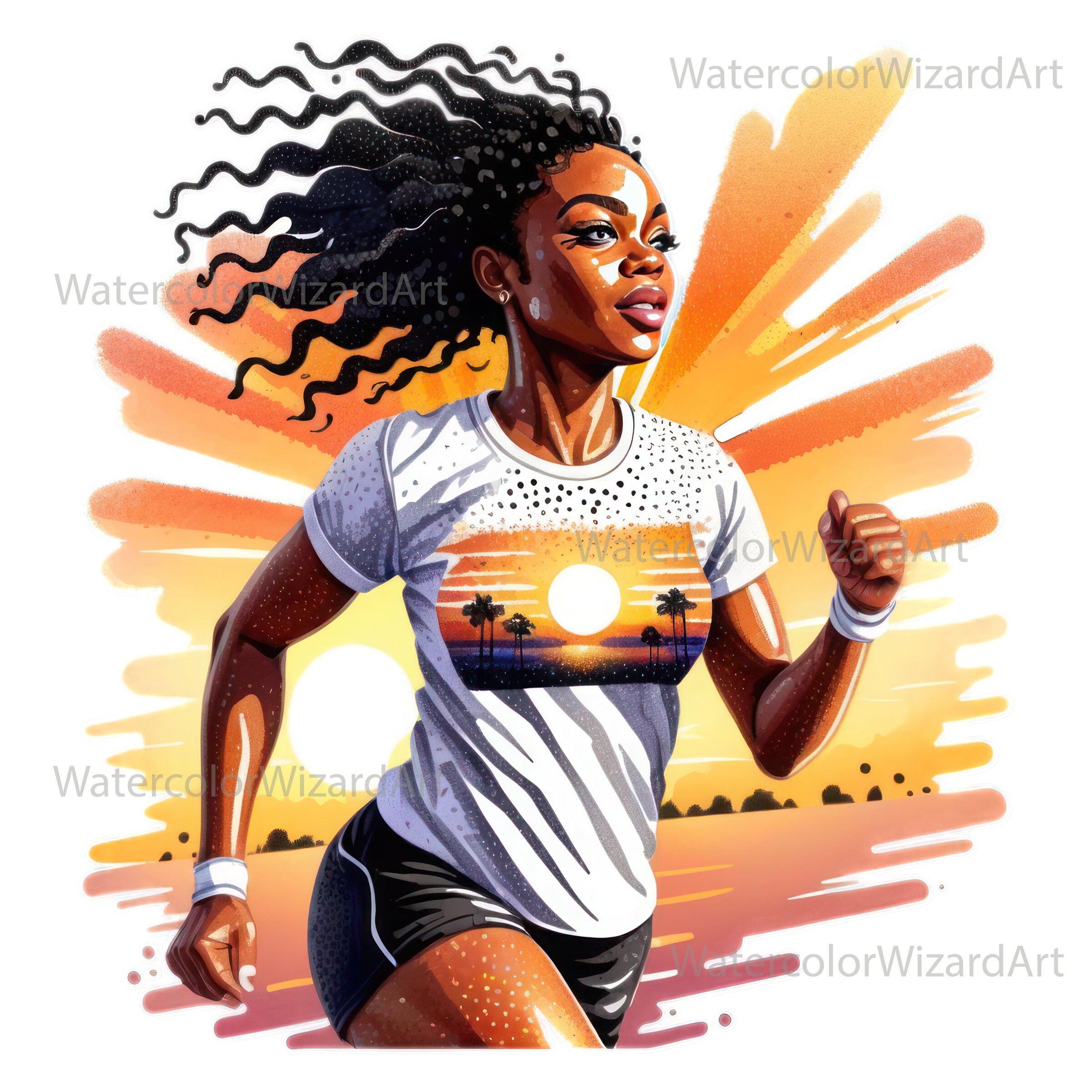 Watercolour Black Girl Running in the Sunset Clipart, Woman Sports ...