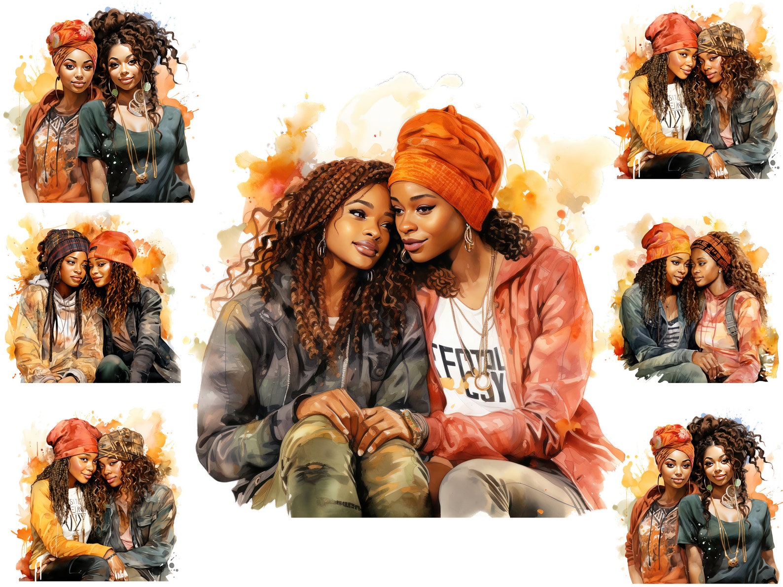 Watercolour Black Girls Best Friends Clipart, Best Female Friend Png ...