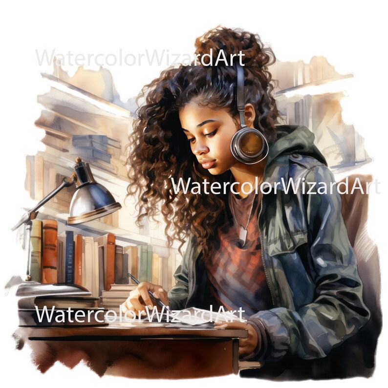 Watercolour Black Girl Student Clipart Girl Writing Reading - Etsy
