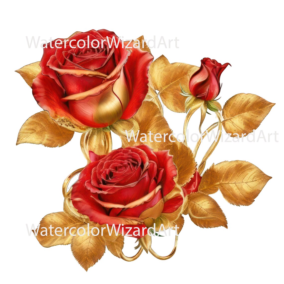 Watercolour Red Gold Roses Clipart, Cute Red Gold Roses Png, Flowers ...
