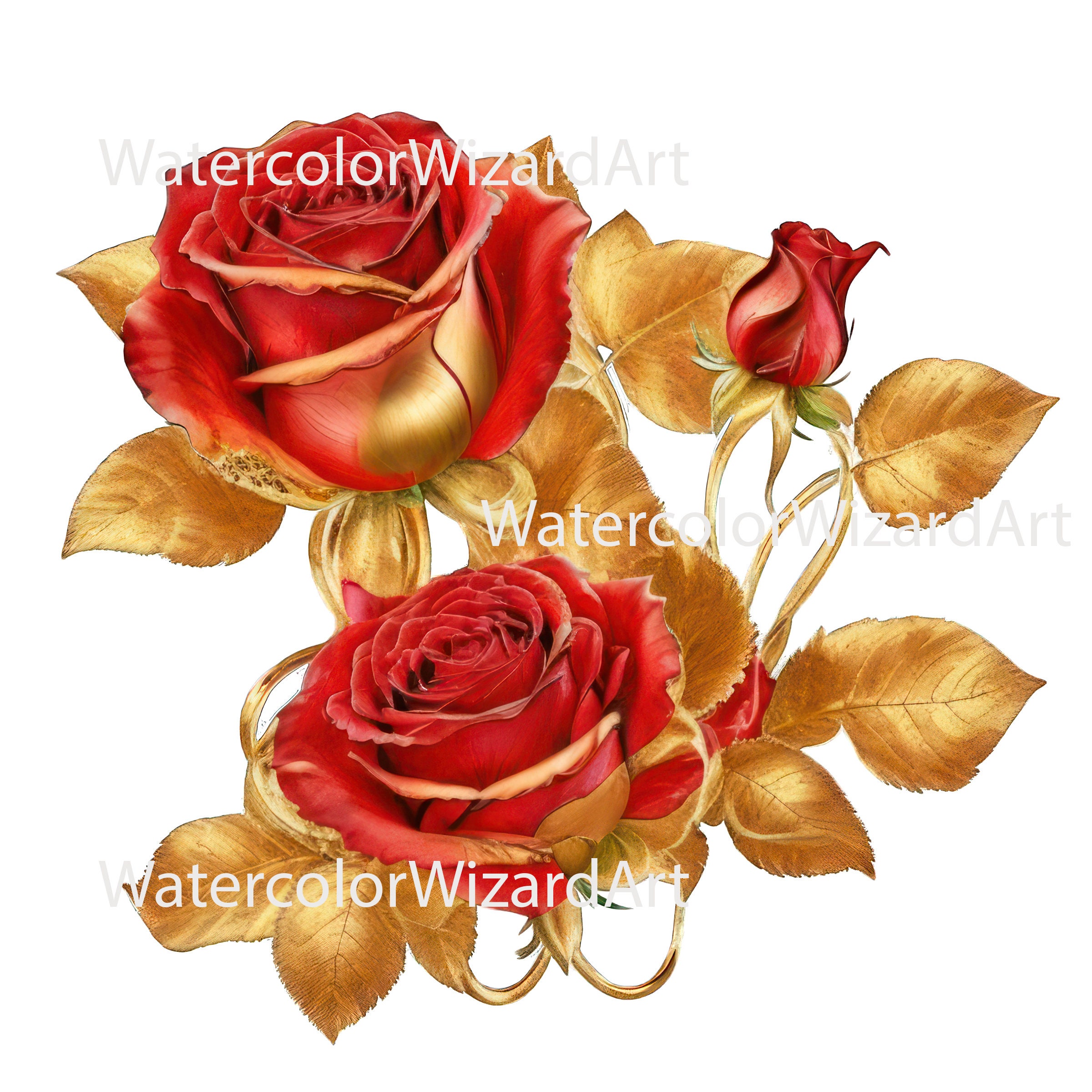 Watercolour Red Gold Roses Clipart, Cute Red Gold Roses Png, Flowers ...