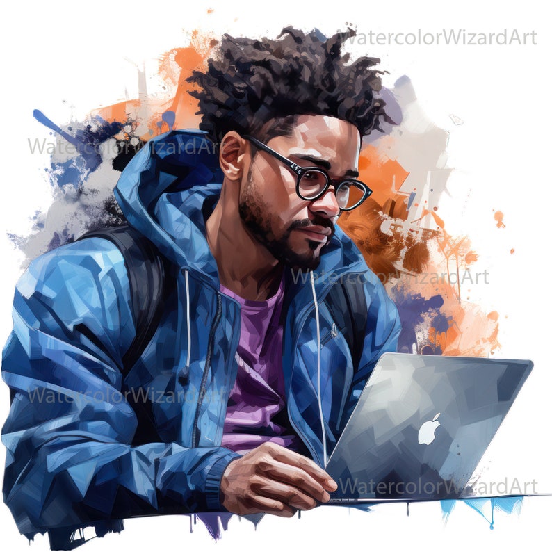 Watercolour Black Man With Laptop Clipart, African American Man Writer ...