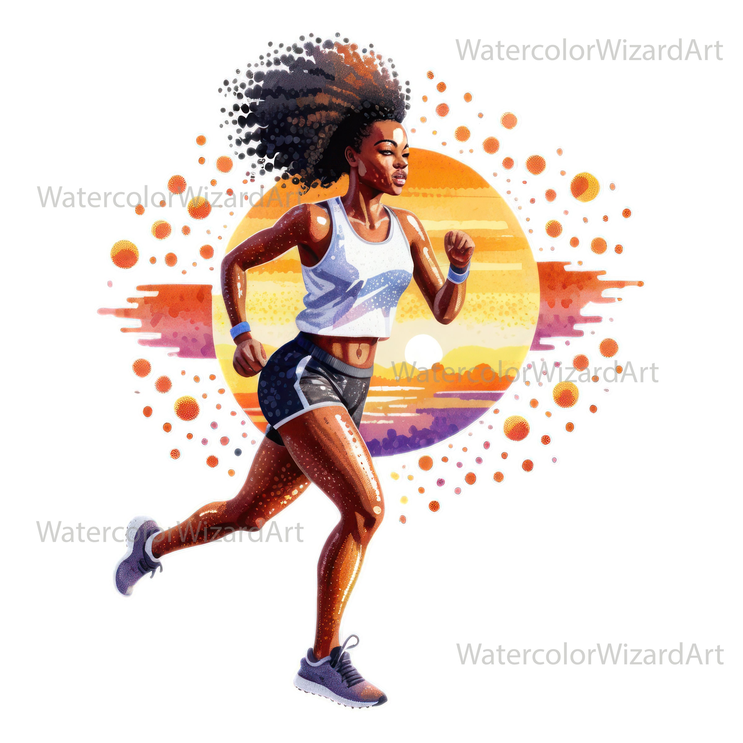 Watercolour Black Girl Running in the Sunset Clipart, Woman Sports ...